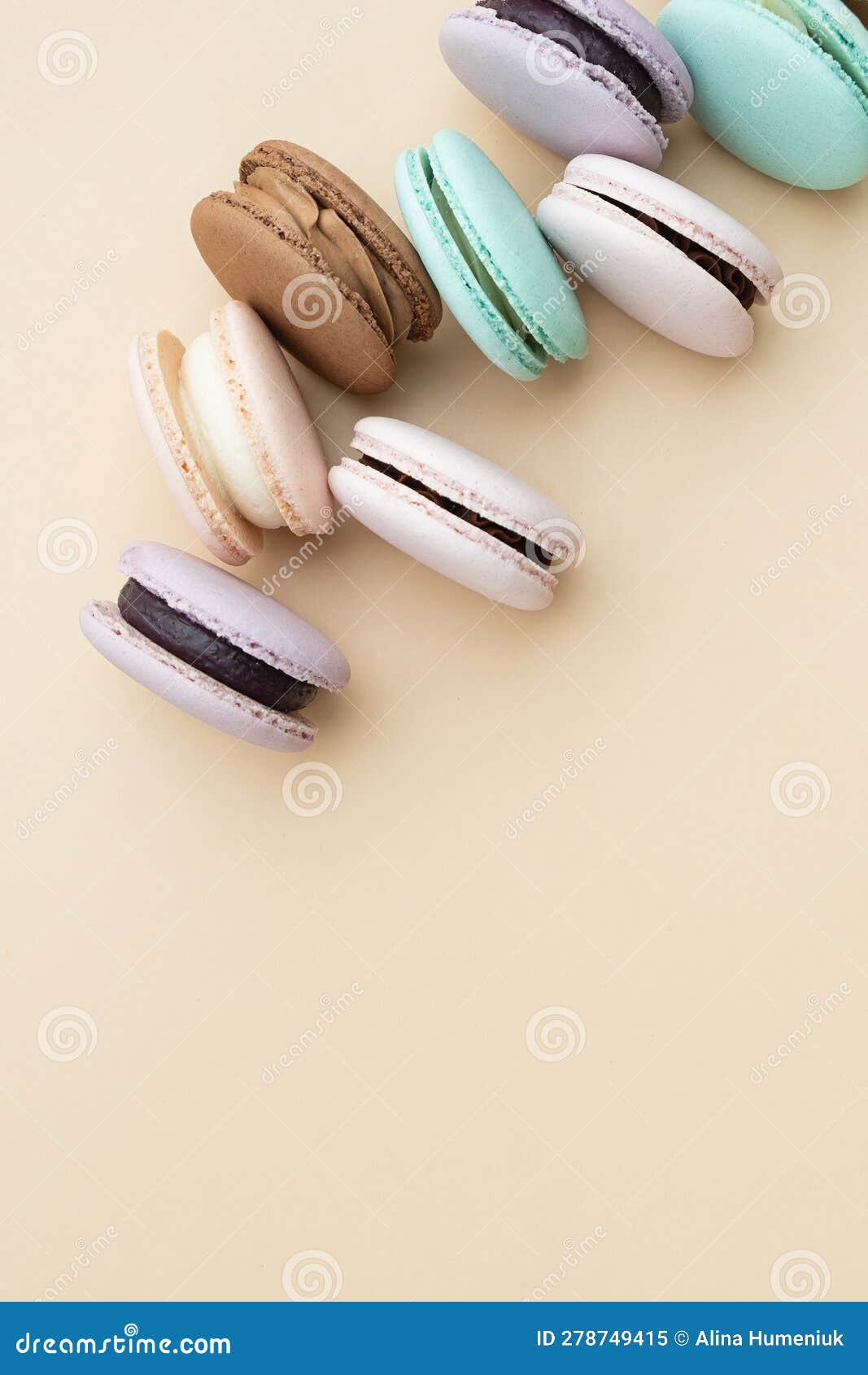 Different Pastel Colors Pastry Macarons Top View on a Beige Background ...