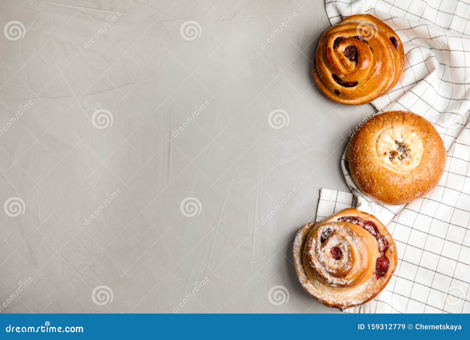 Different Pastries on Grey Background. Space for Text Stock Image ...