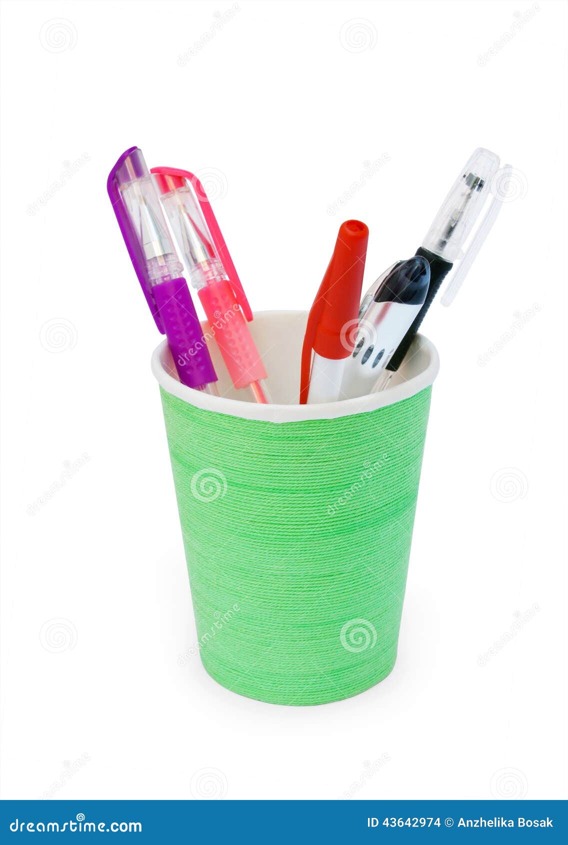 Different Pens in a Green Plastic Cup Stock Photo - Image of writing ...