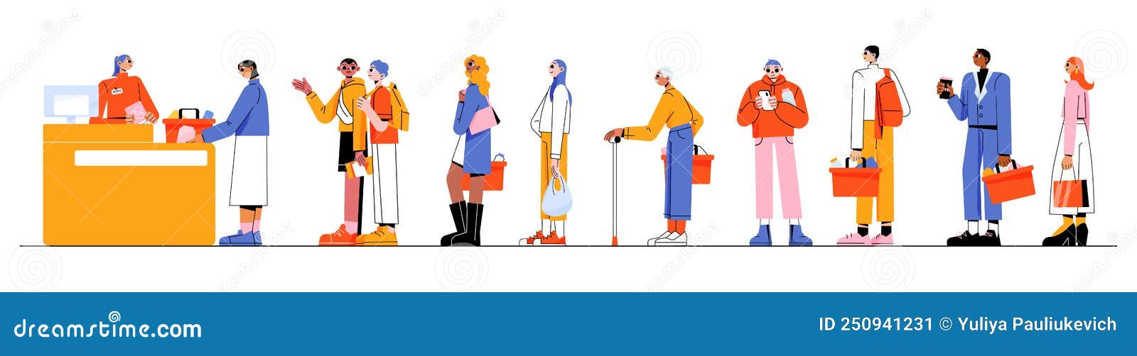 Different People in Long Queue in Supermarket Stock Vector ...