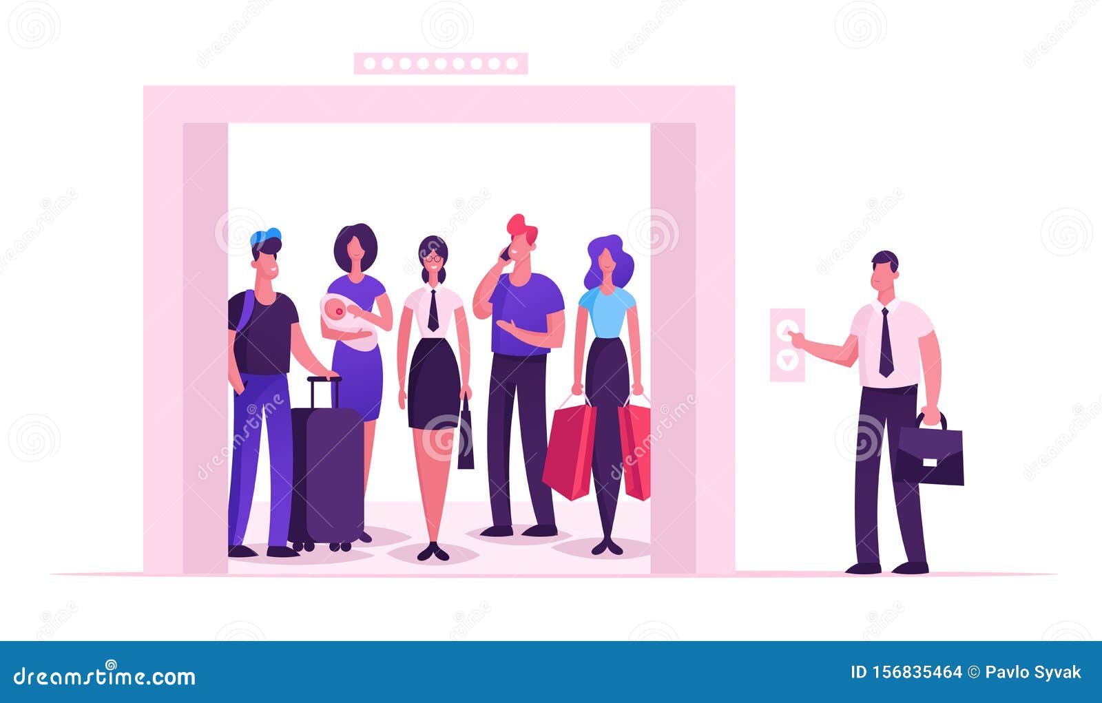 Different People Standing In Elevator With Open Doors. Group Of Various ...