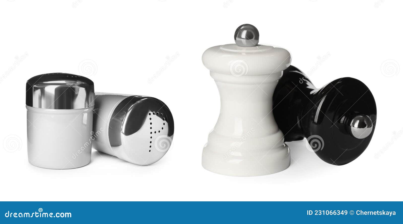 Different Pepper and Salt Shakers on White Background, Collage. Banner ...