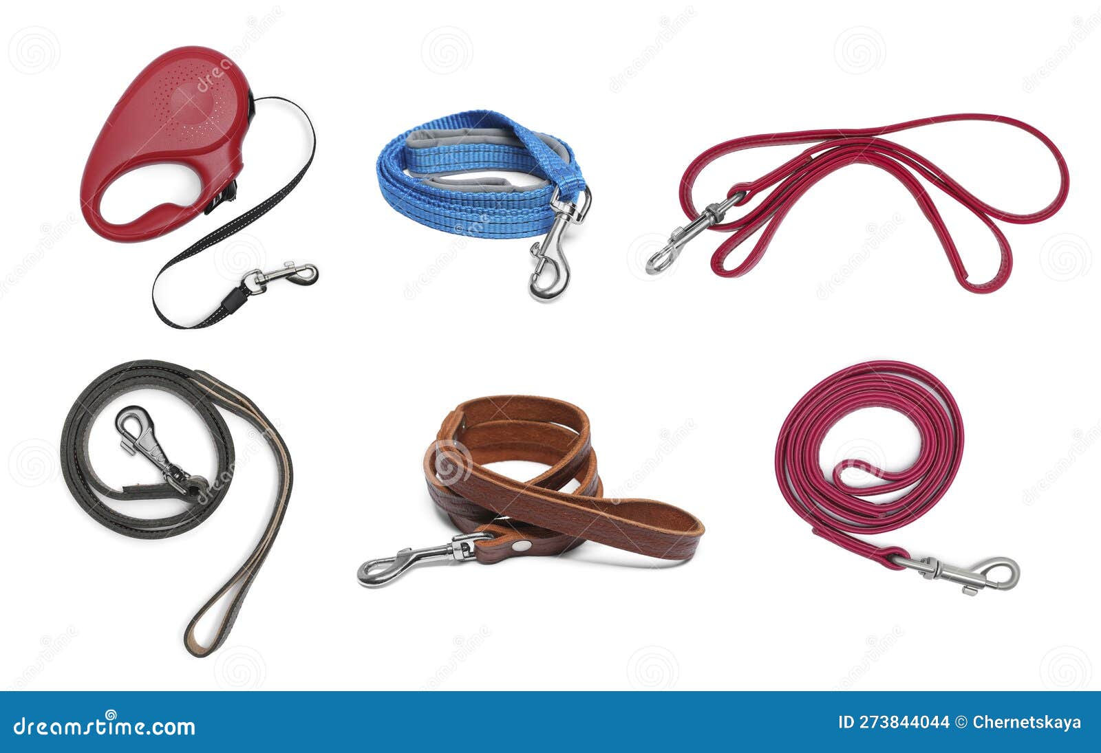 Different Pet Leashes on White Background, Collage Design Stock Photo ...