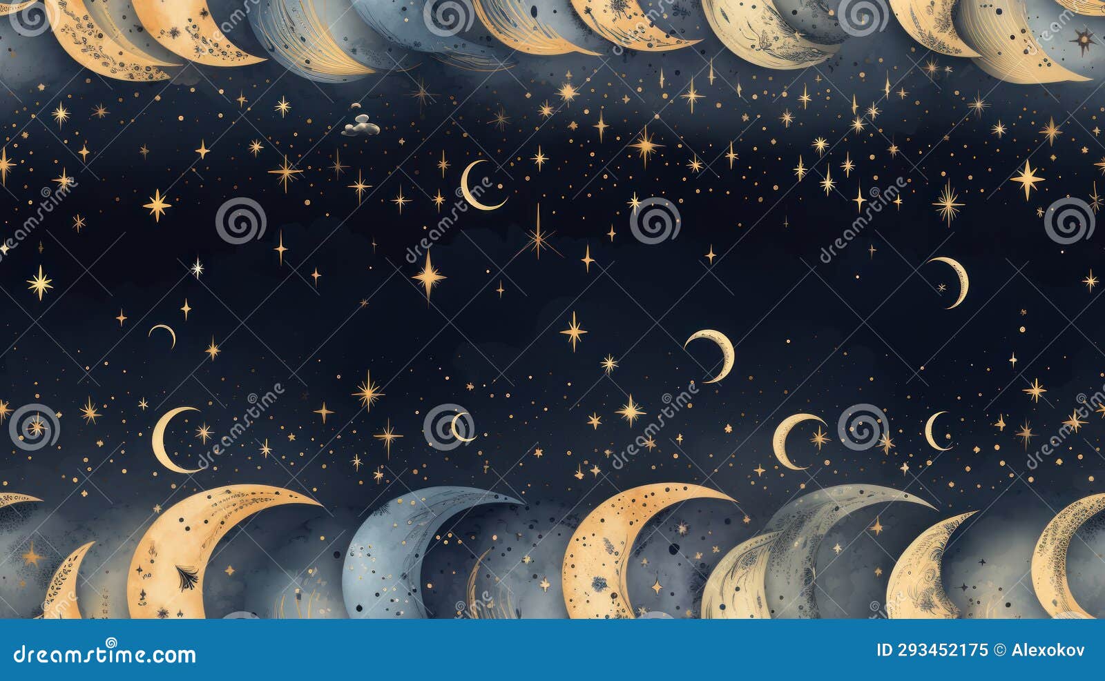 Different Phases of the Moon: Handpainted Watercolor Seamless Pattern ...