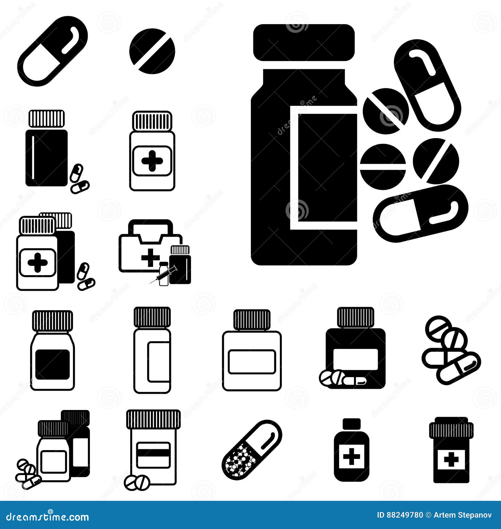 Different Pill or Drug Jars Icons Isolated Stock Vector - Illustration ...