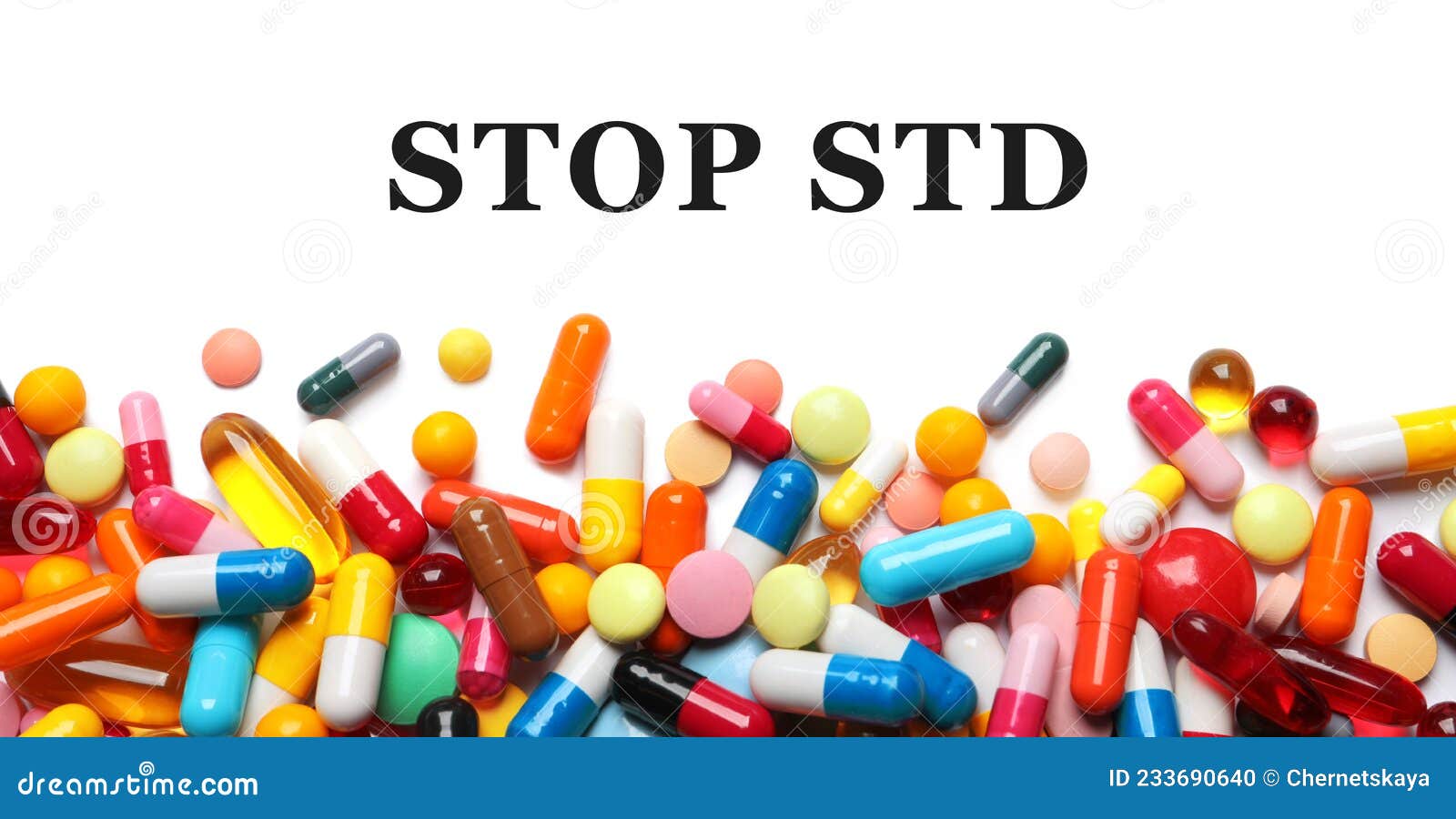 Different Pills and Text STOP STD on White Background, Top View. Banner ...