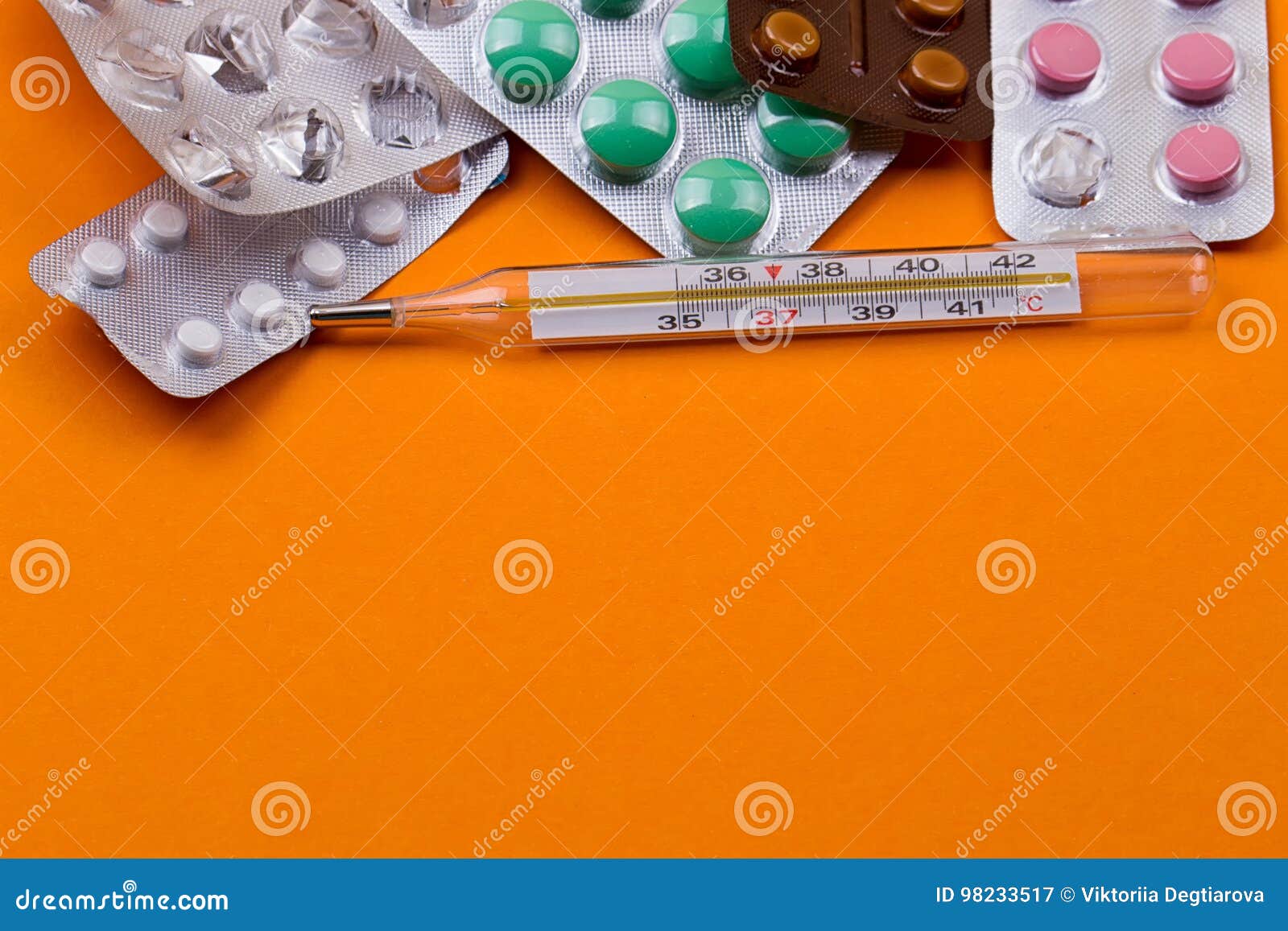 Different Pills and Thermometer Stock Image - Image of heap, electronic ...