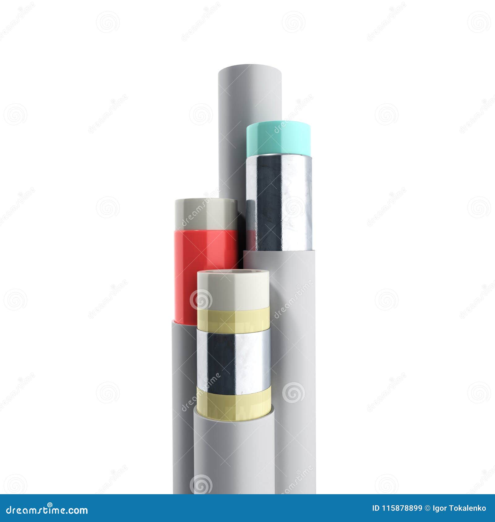 Different Plastic Water Pipes in Layers 3d Render on White Stock ...
