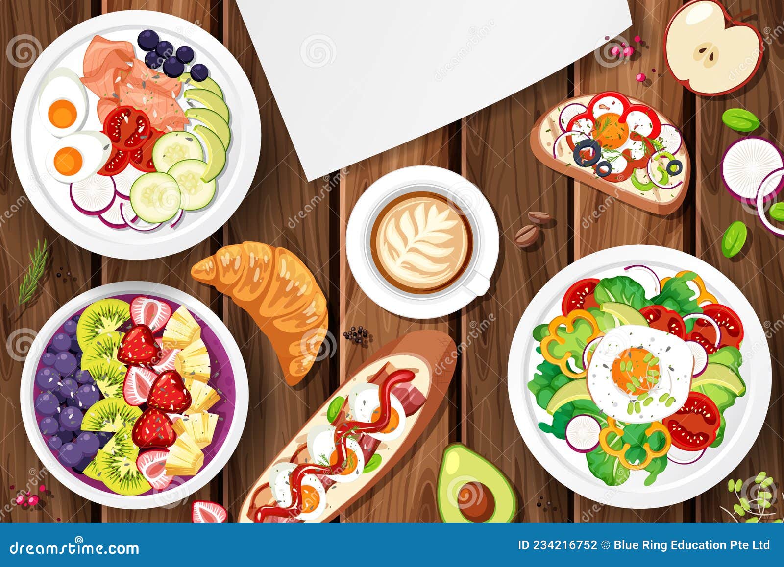 Different Plates of Food on the Table Stock Vector - Illustration of ...