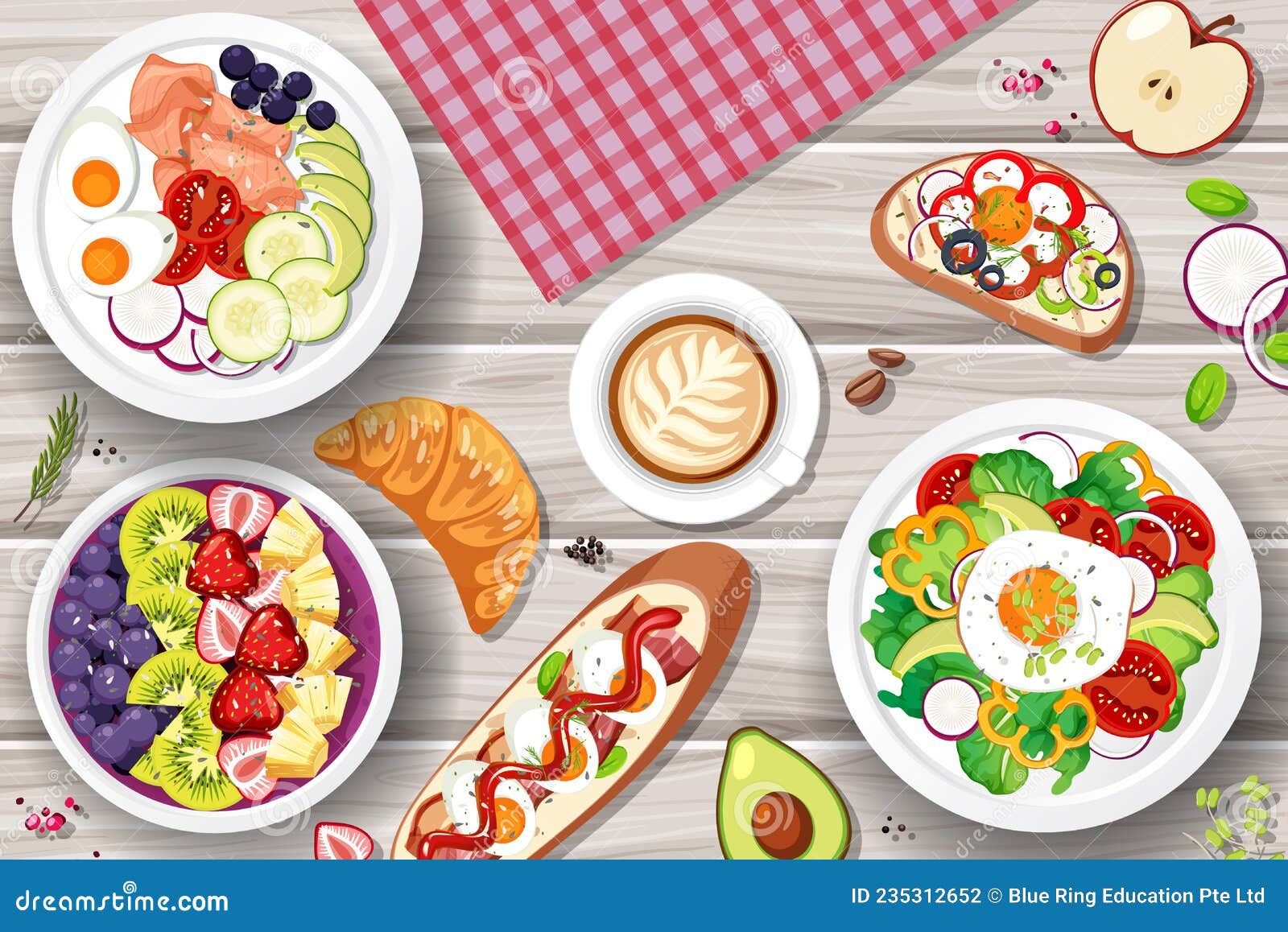Different Plates of Food on the Table Stock Illustration - Illustration ...