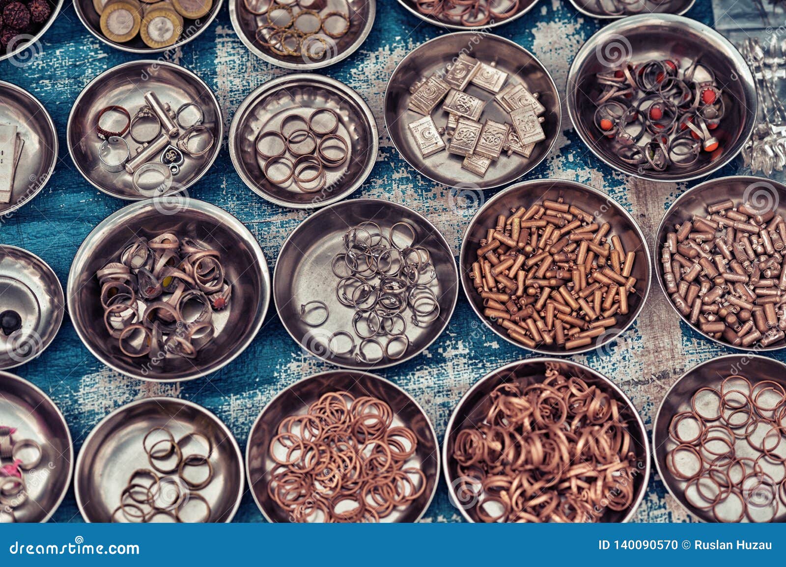 Different Plates with Various Metal Objects Close Up Stock Photo ...