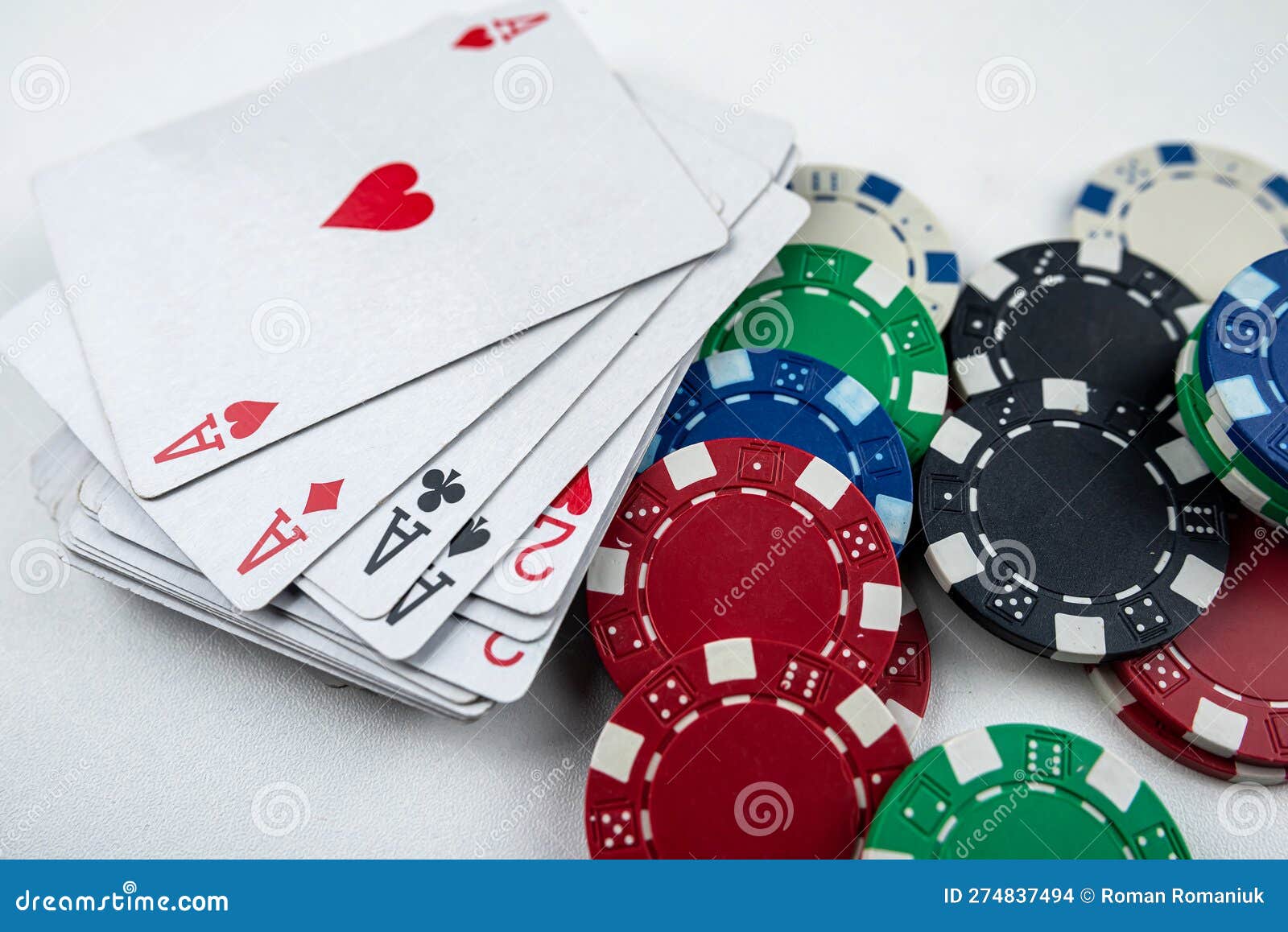 Different Playing Cards and Poker Chips Isolated on White Background 库存 ...