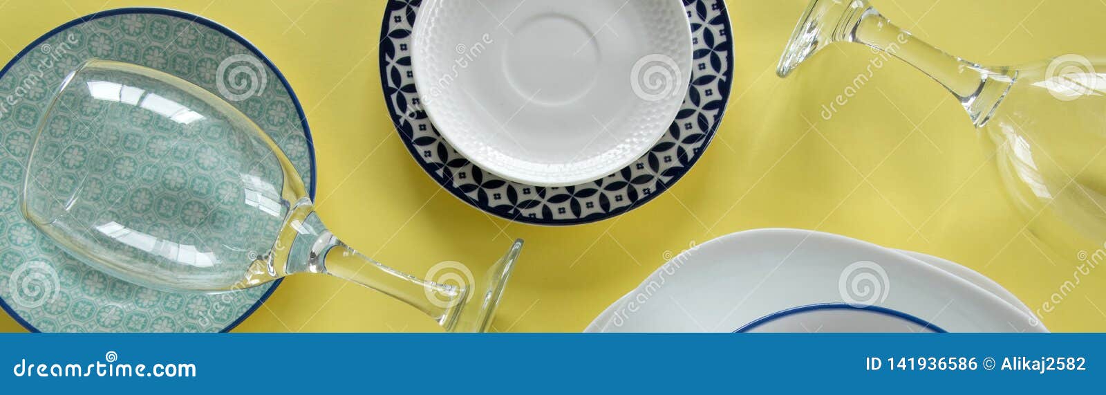 Different Porcelain Tableware on Yellow Background Stock Photo - Image ...