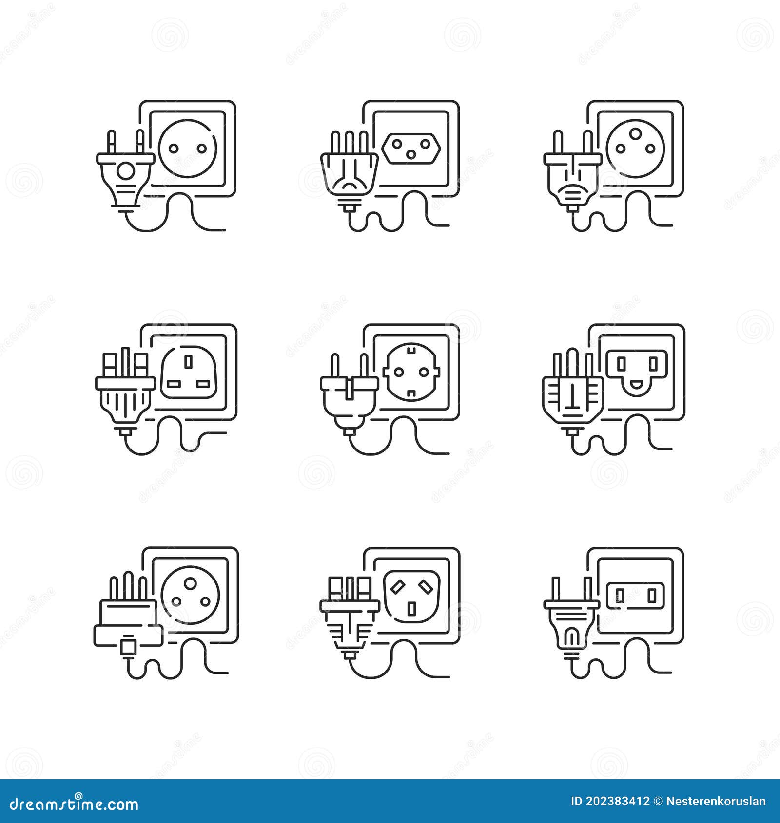 Different Power Outlets Linear Icons Set Stock Vector - Illustration of ...