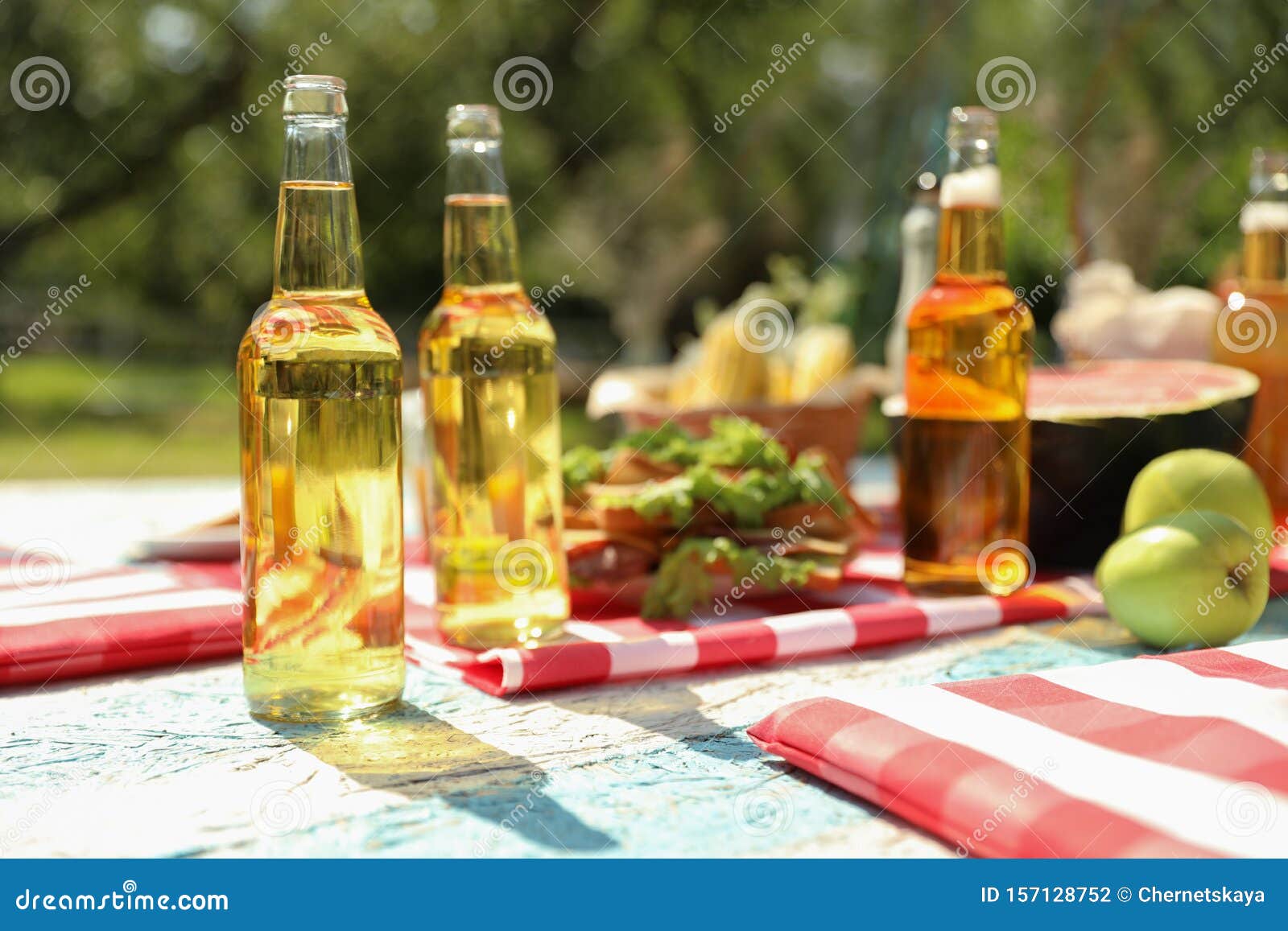 Different Products and Drinks for Picnic Served on Checkered Blanket ...