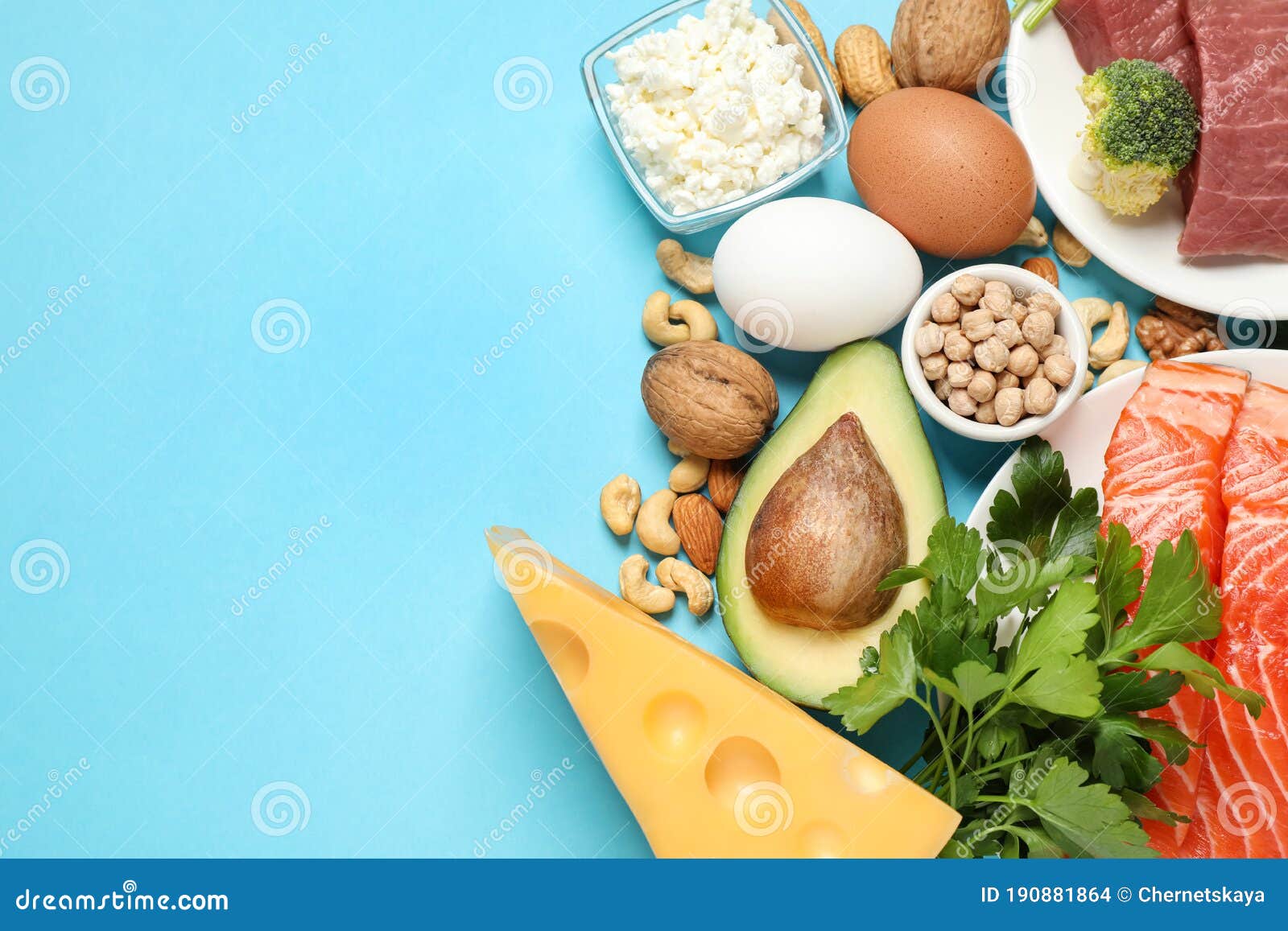 Different Products Rich in Protein on Blue Background, Flat Lay. Space ...