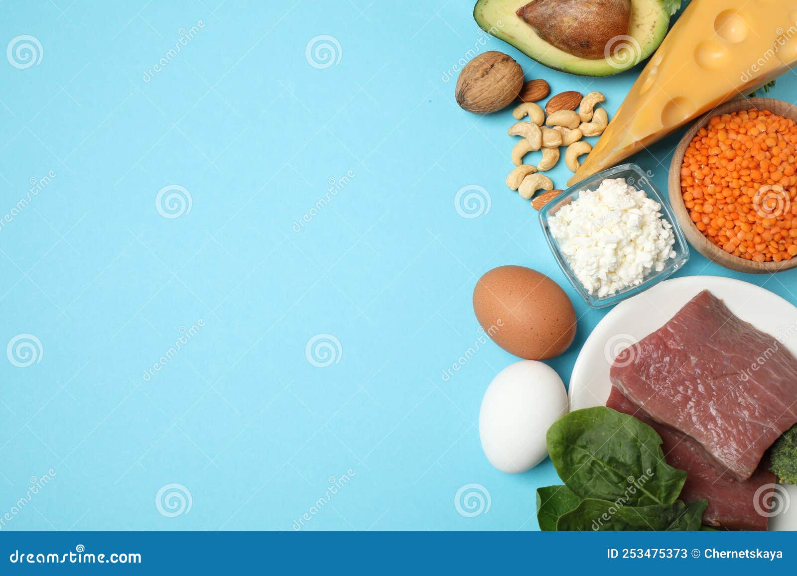 Different Products Rich in Protein on Light Blue Background, Flat Lay ...