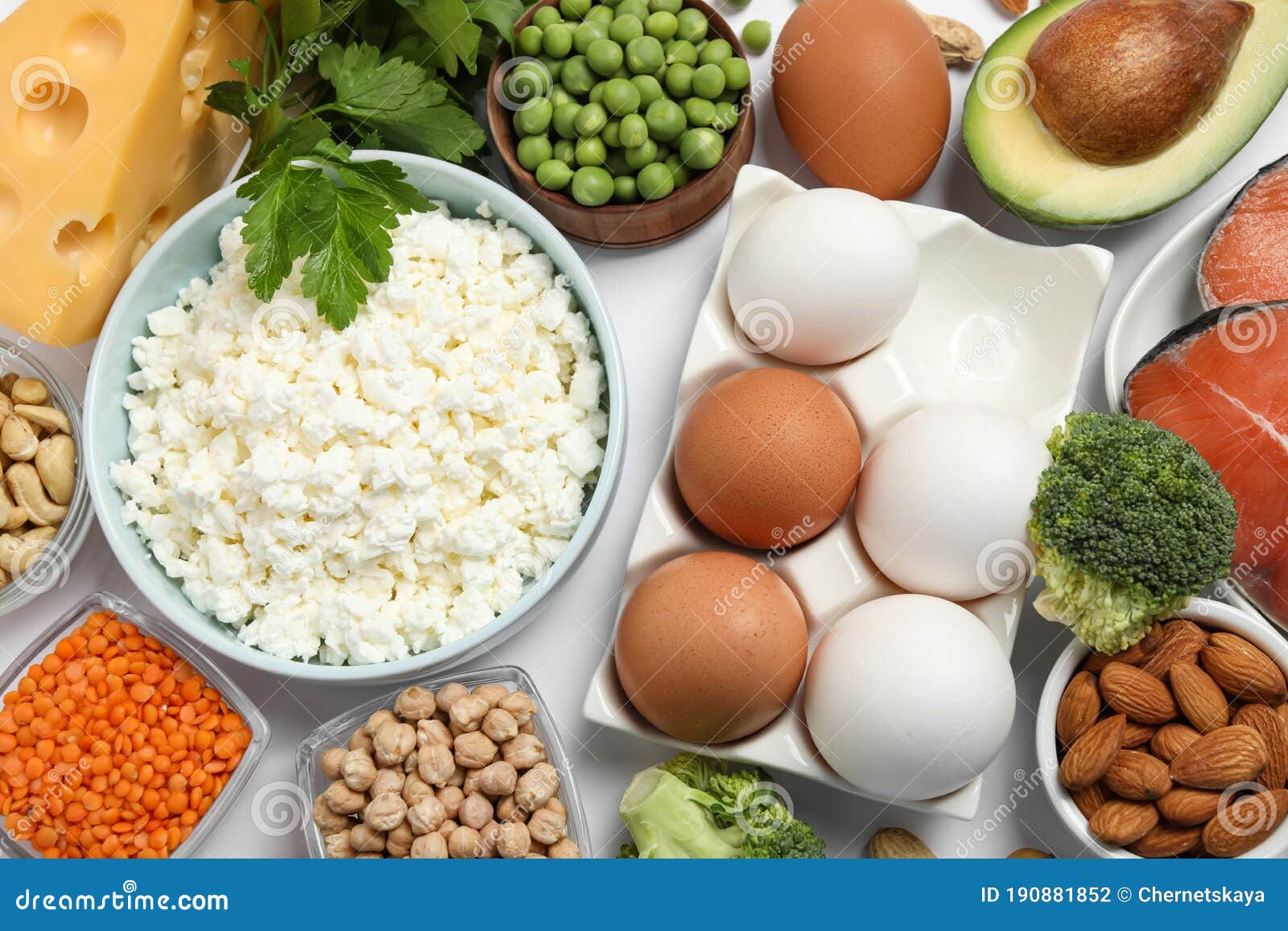 Different Products Rich in Protein on Background, Flat Lay Stock Photo ...