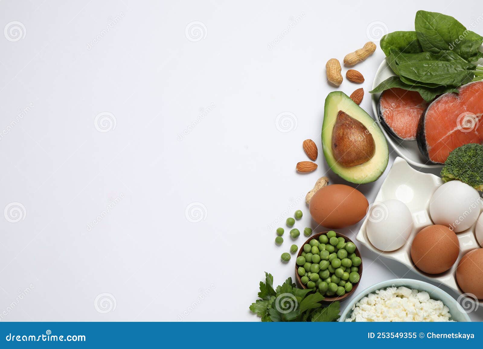 Different Products Rich in Protein on White Background, Flat Lay Stock ...