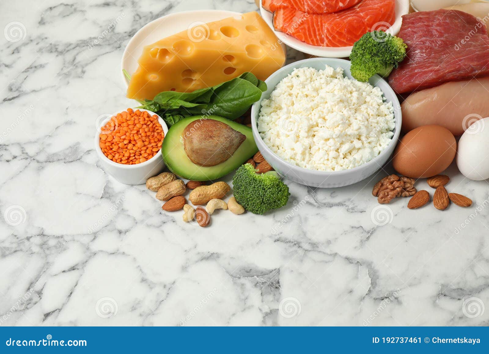 Different Products Rich in Protein on Marble Table Stock Image - Image ...