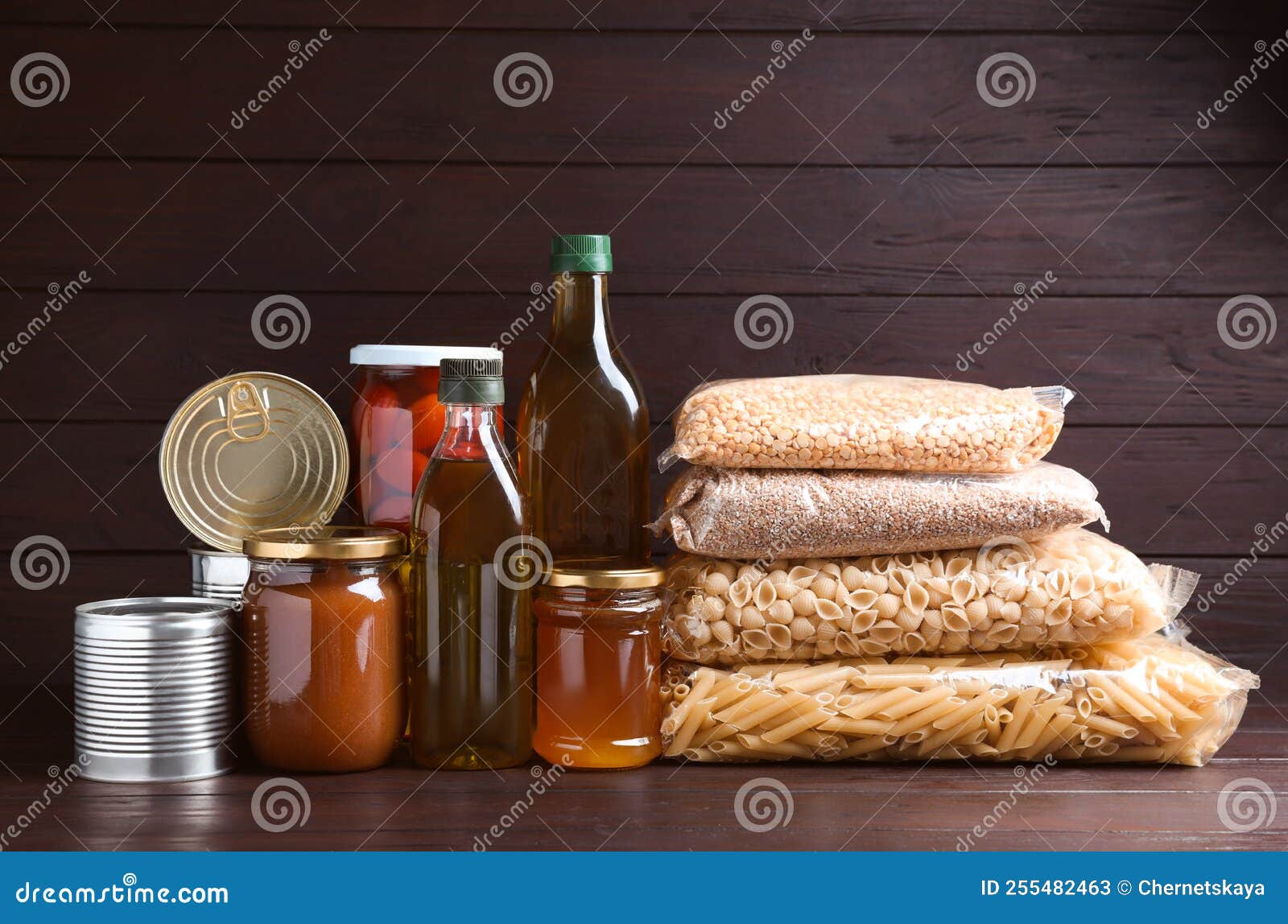 Different Products on Wooden Table. Food Donation Stock Image - Image ...