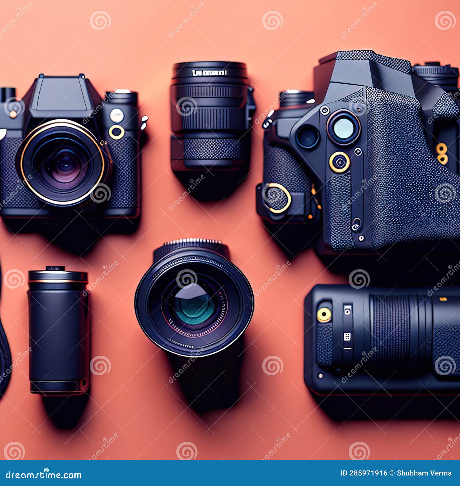 Different Professional Cameras on Color Background Stock Photo - Image ...