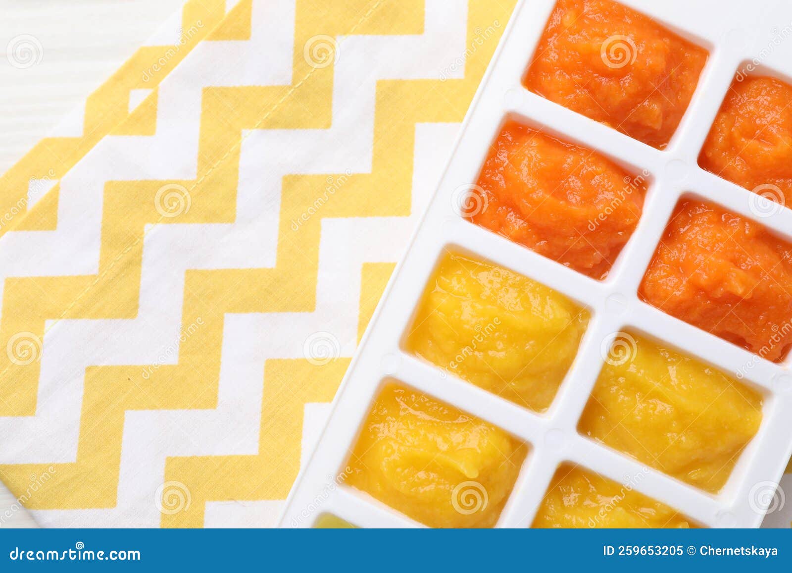 Different Purees in Ice Cube Tray Ready for Freezing on Table, Top View ...