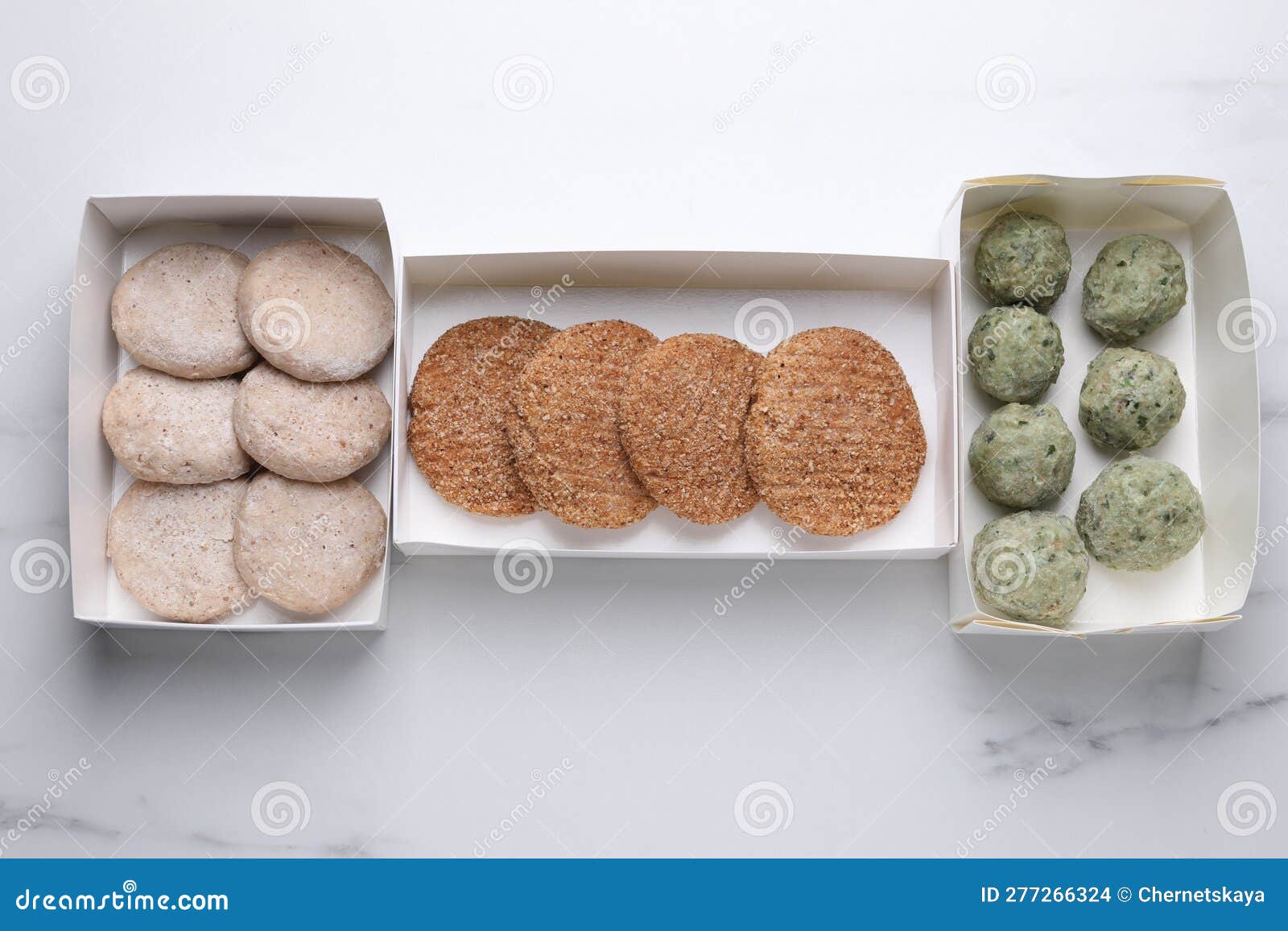 Different Raw Vegan Meat Products on White Marble Table, Flat Lay Stock ...