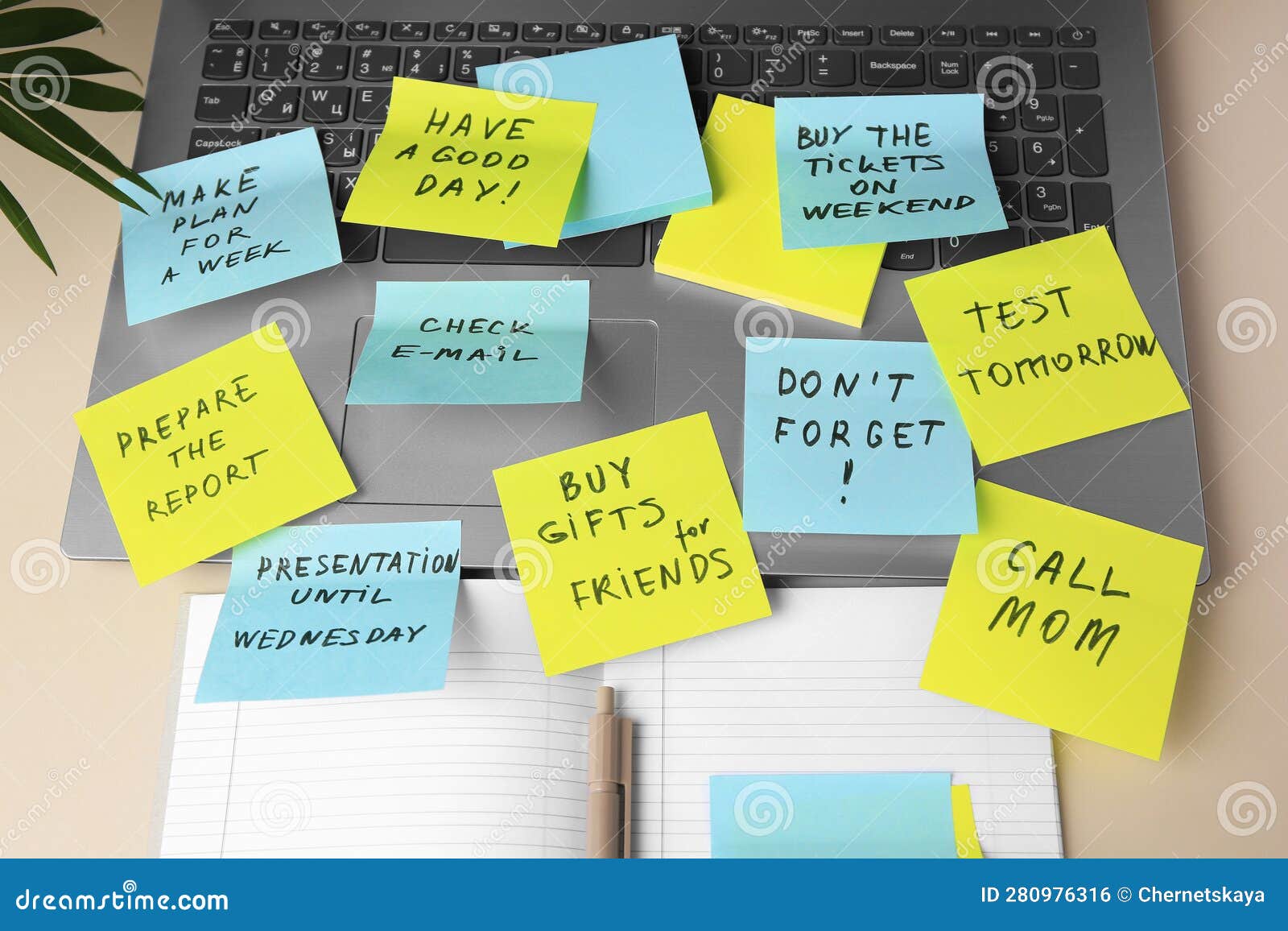 Different Reminder Notes and Laptop on White Table Stock Photo - Image ...