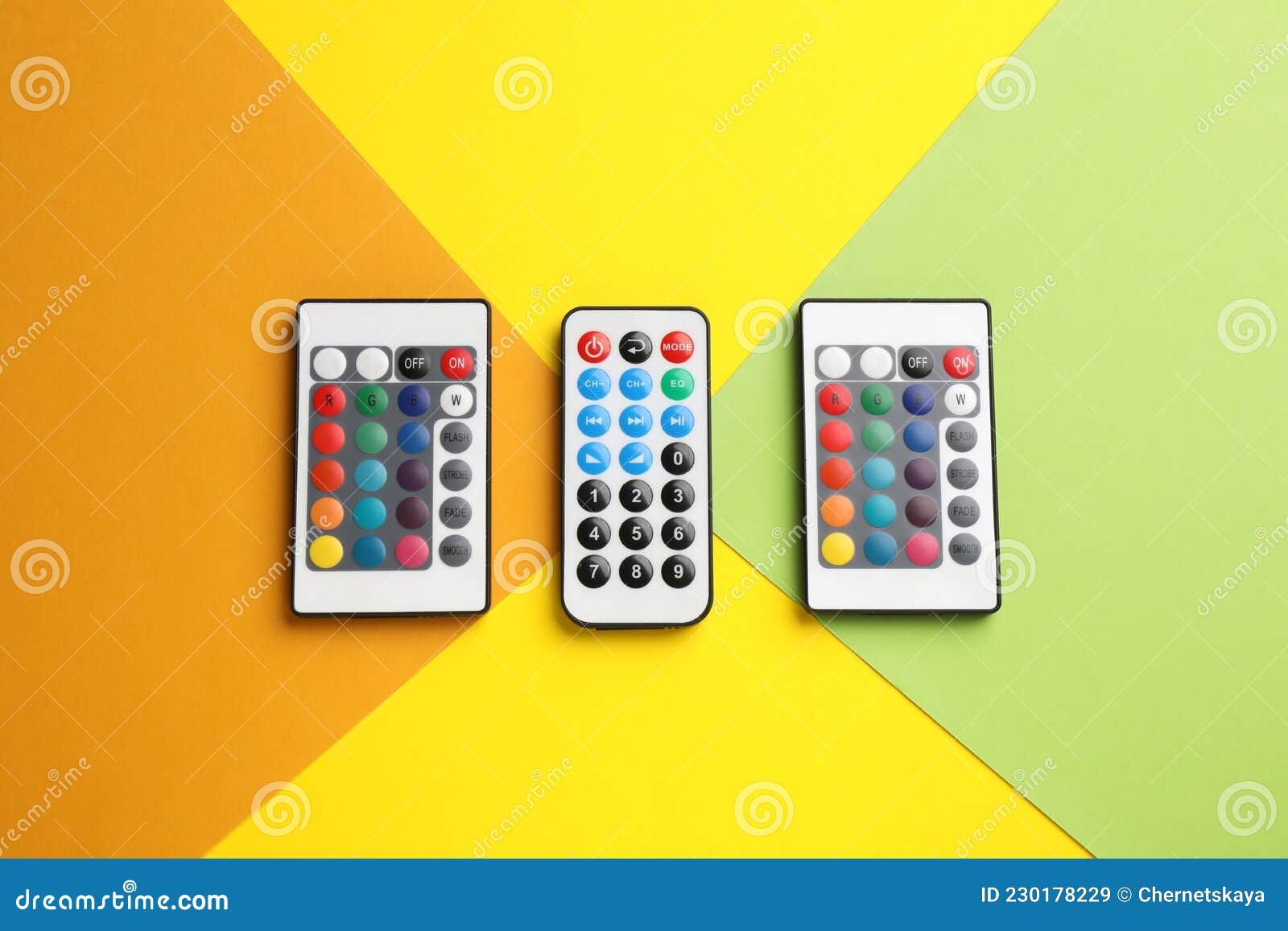Different Remote Controls on Color Background, Flat Lay Stock Image ...