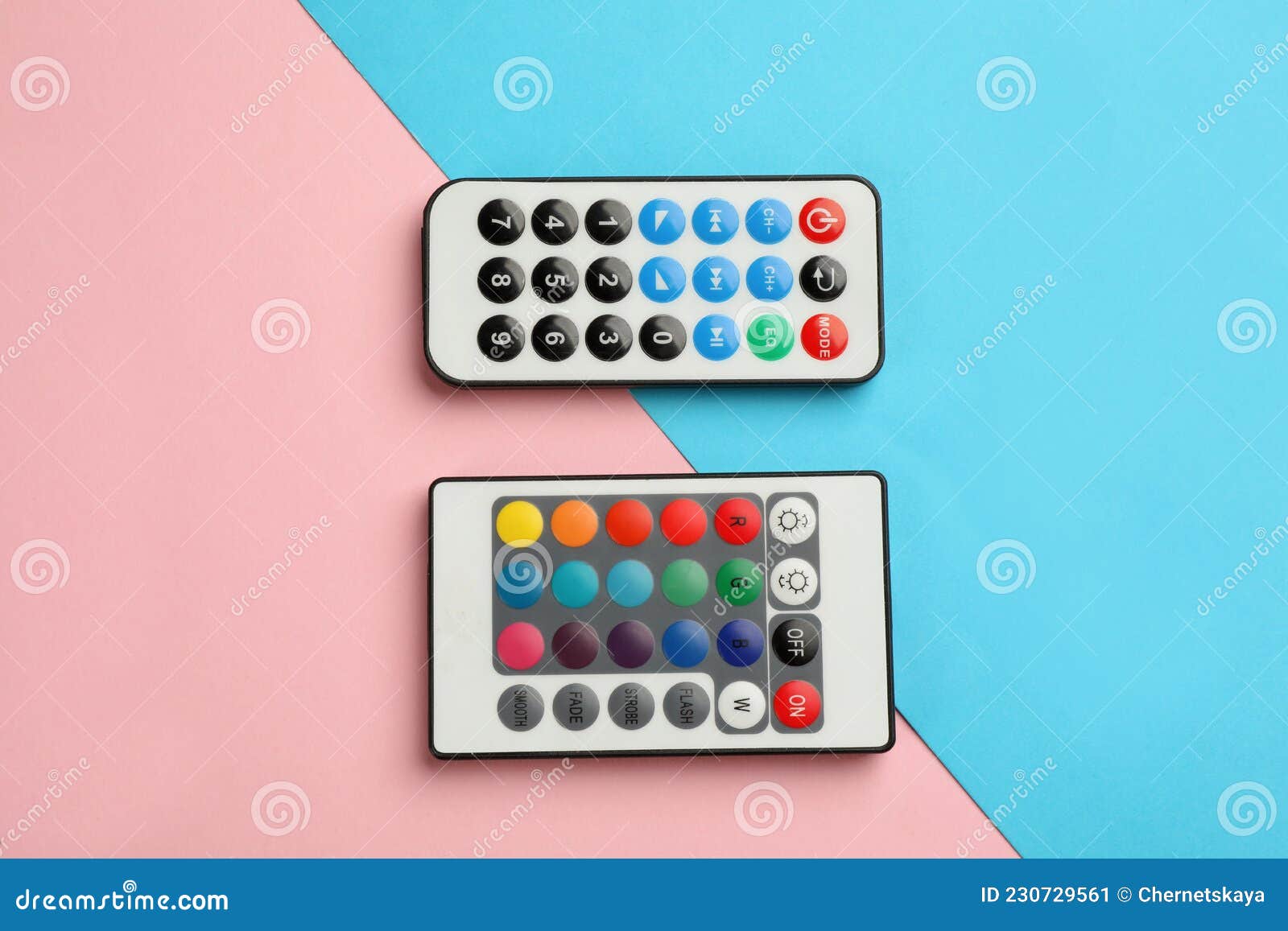 Different Remote Controls on Color Background, Flat Lay Stock Image ...