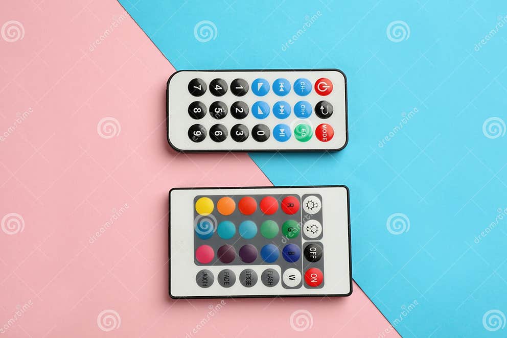 Different Remote Controls on Color Background, Flat Lay Stock Image ...