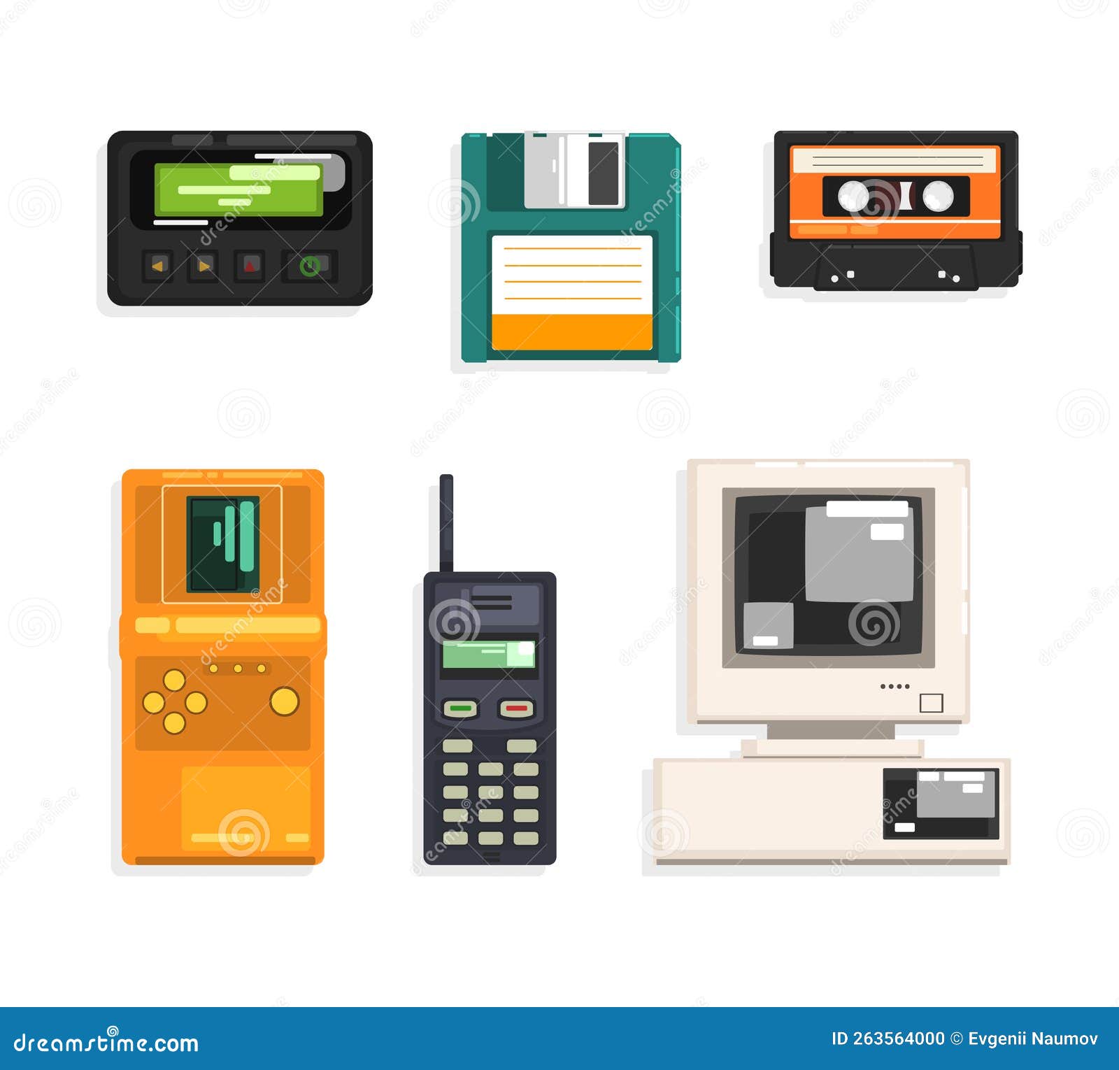 Different Retro Gadgets with Floppy, Cassette, Phone, Computer and ...