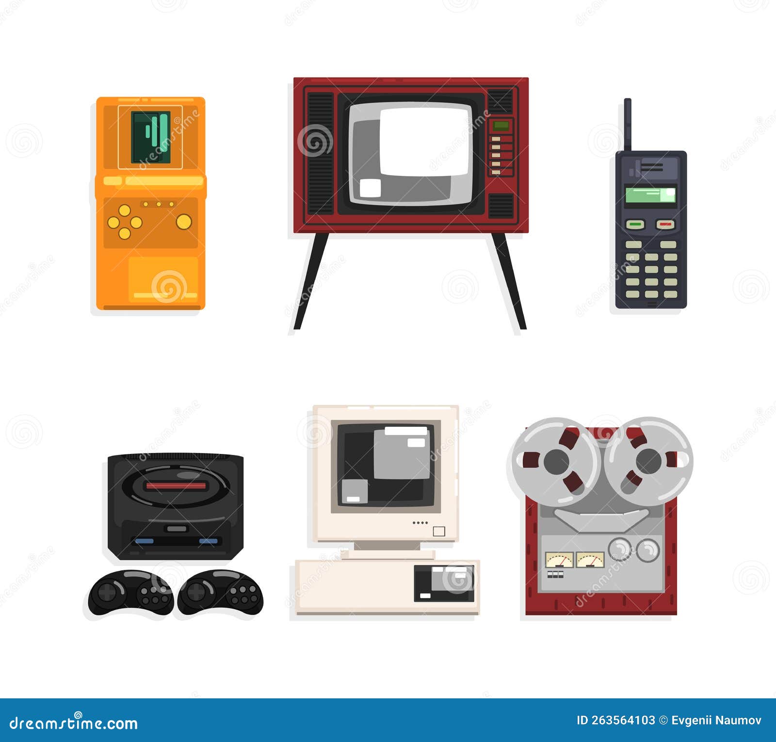 Different Retro Gadgets with Television, Phone, Computer, Tetris ...