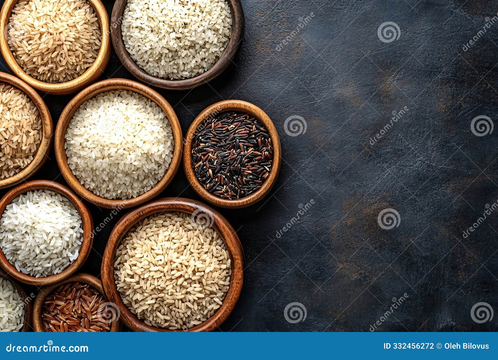 Different Rice Types in Bowls Forming a Border on Left Side on Dark ...