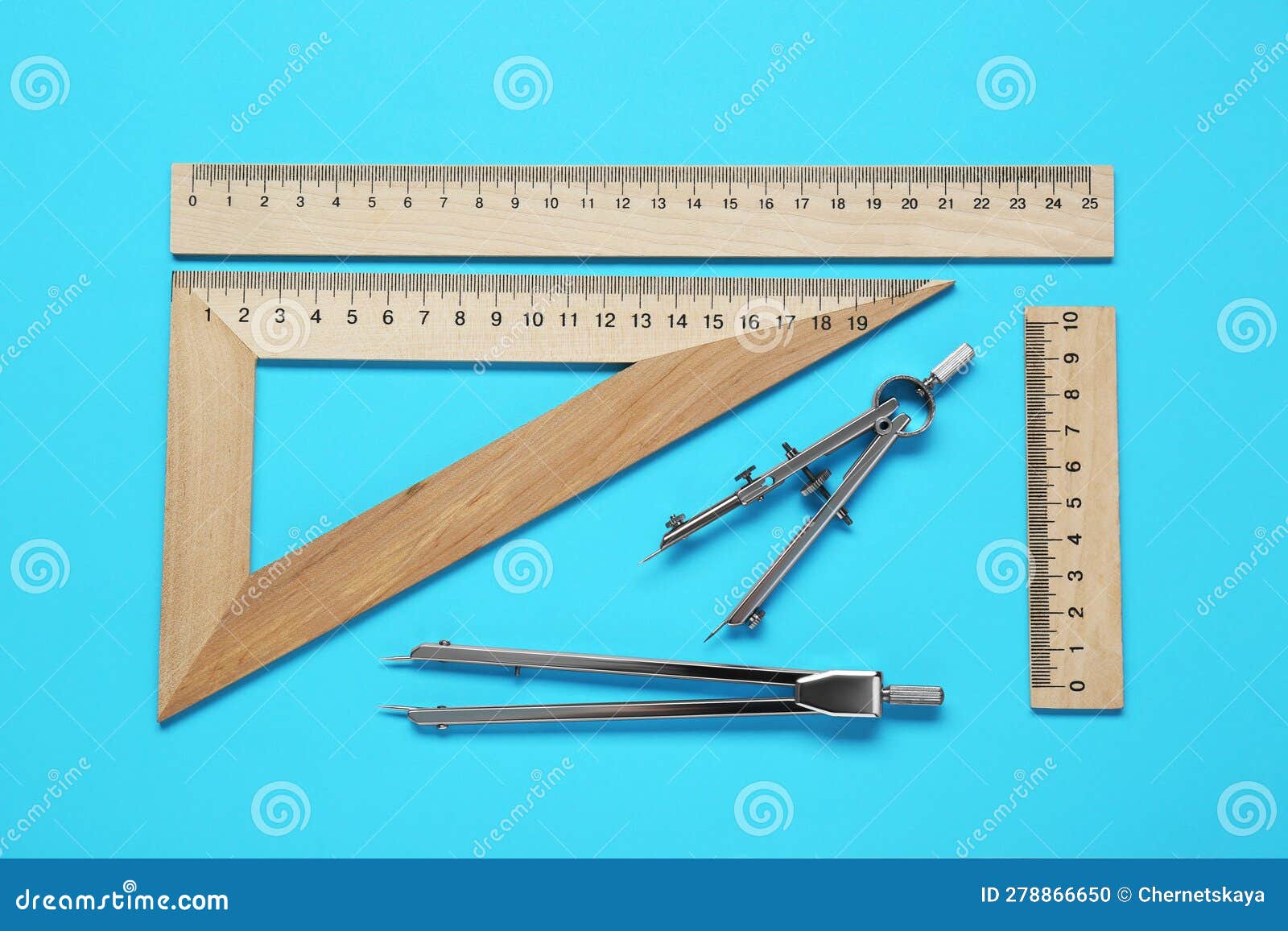Different Rulers and Compass on Light Blue Background, Flat Lay Stock ...