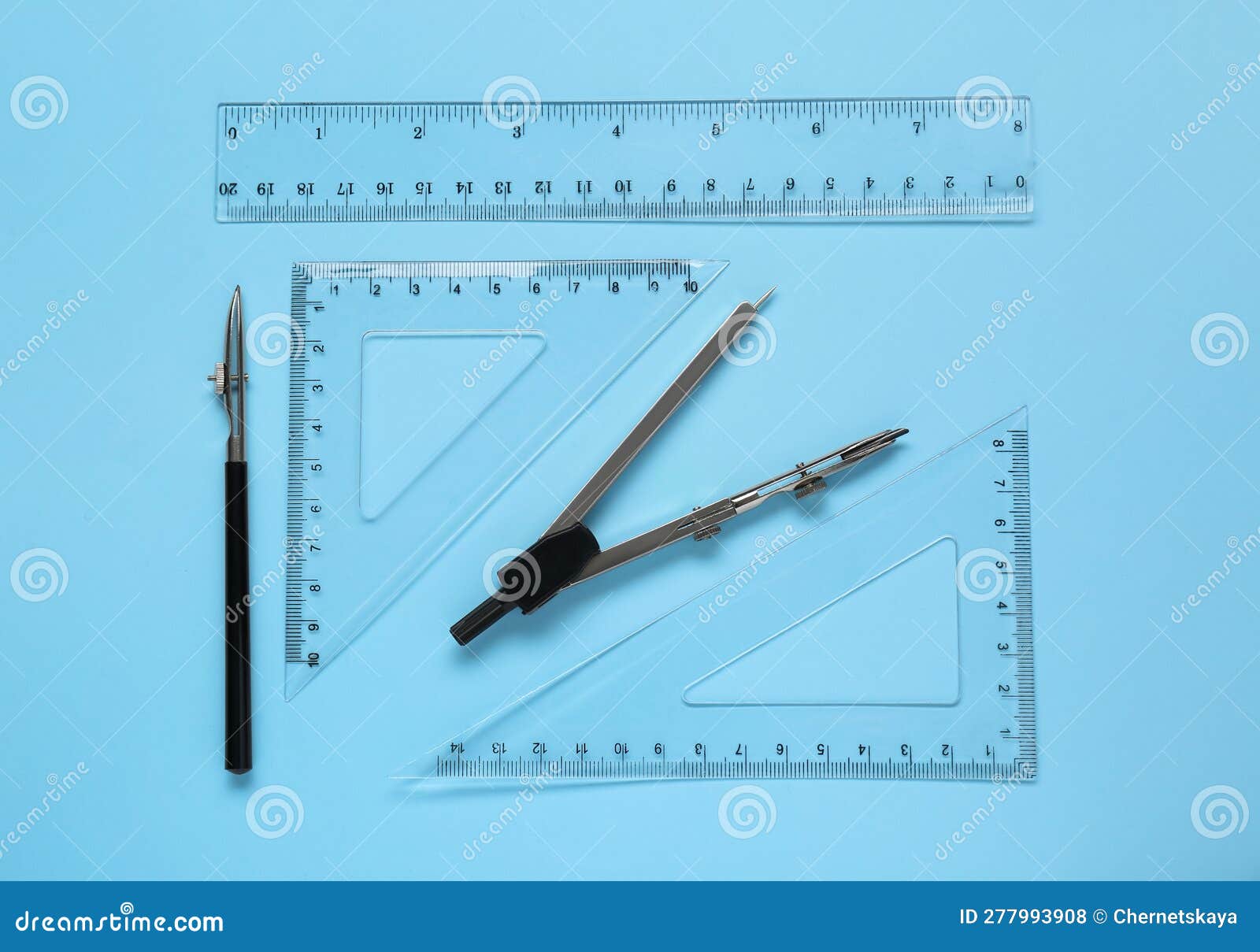 Different Rulers and Compass on Light Blue Background, Flat Lay Stock ...
