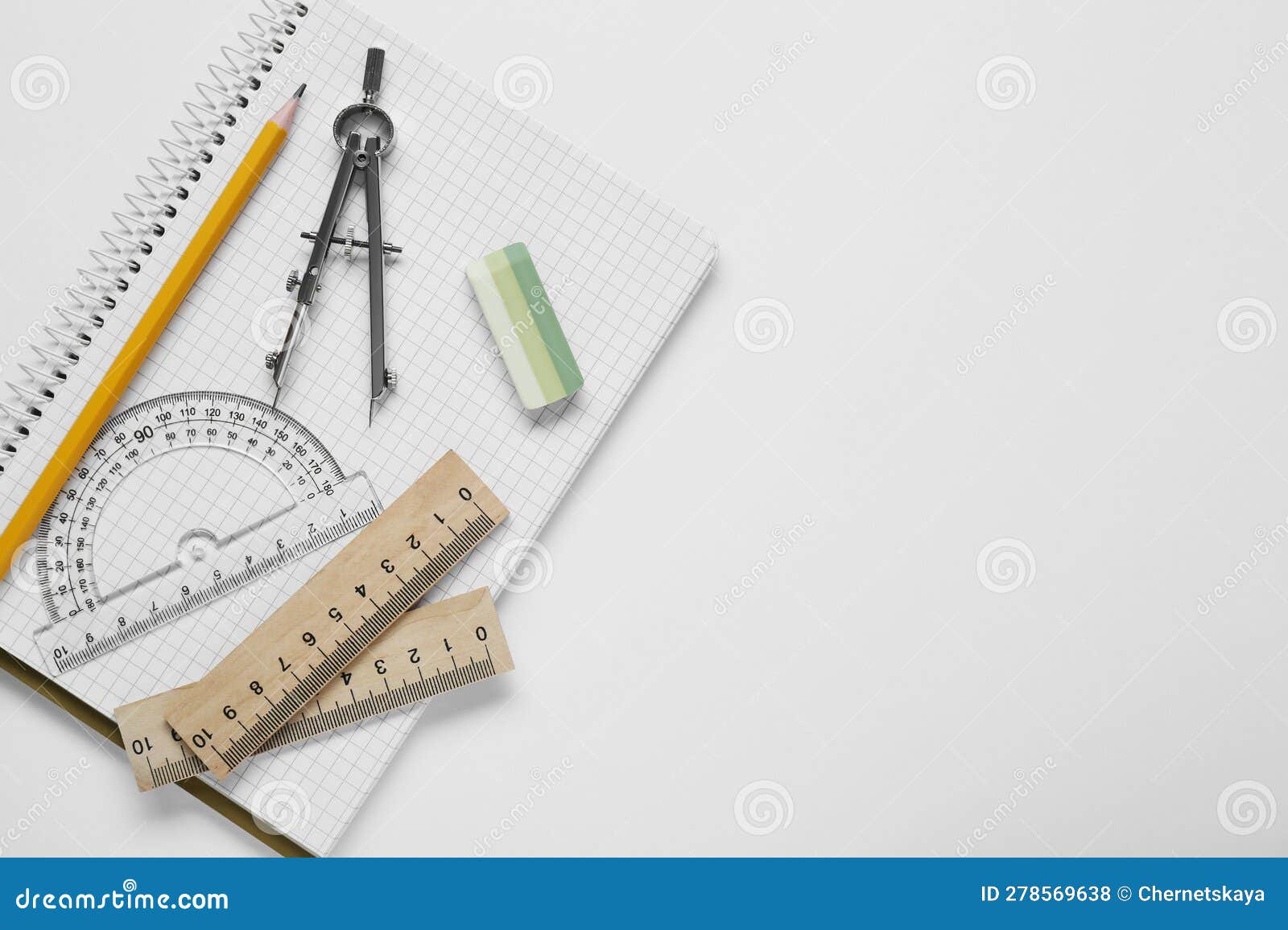 Different Rulers, Compass, Pencil and Notebook on White Background, Top ...