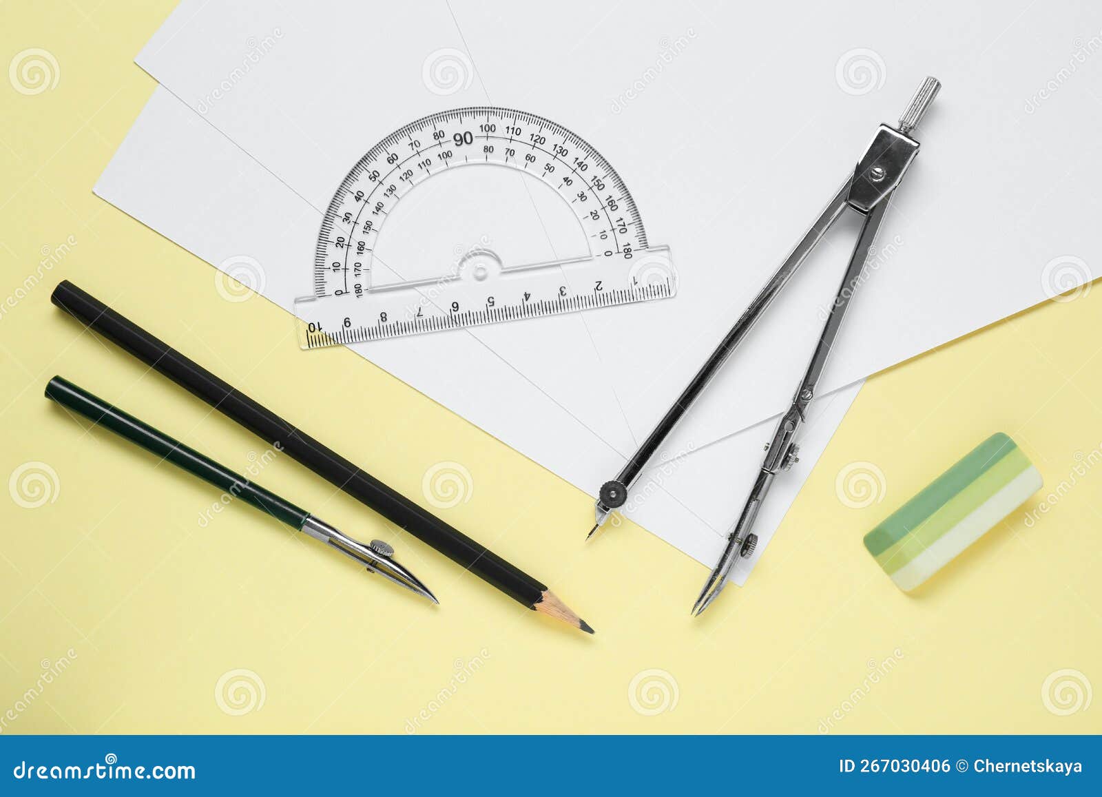 Different Rulers and Compass on Yellow Background, Flat Lay Stock Photo ...