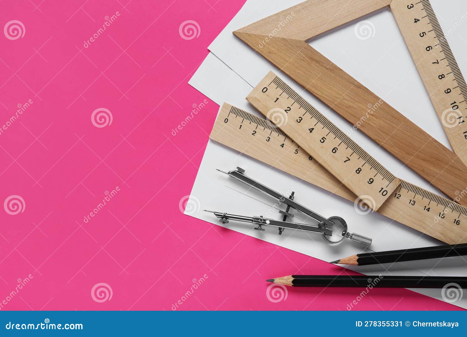 Different Rulers, Pencils and Compass on Pink Background, Flat Lay ...
