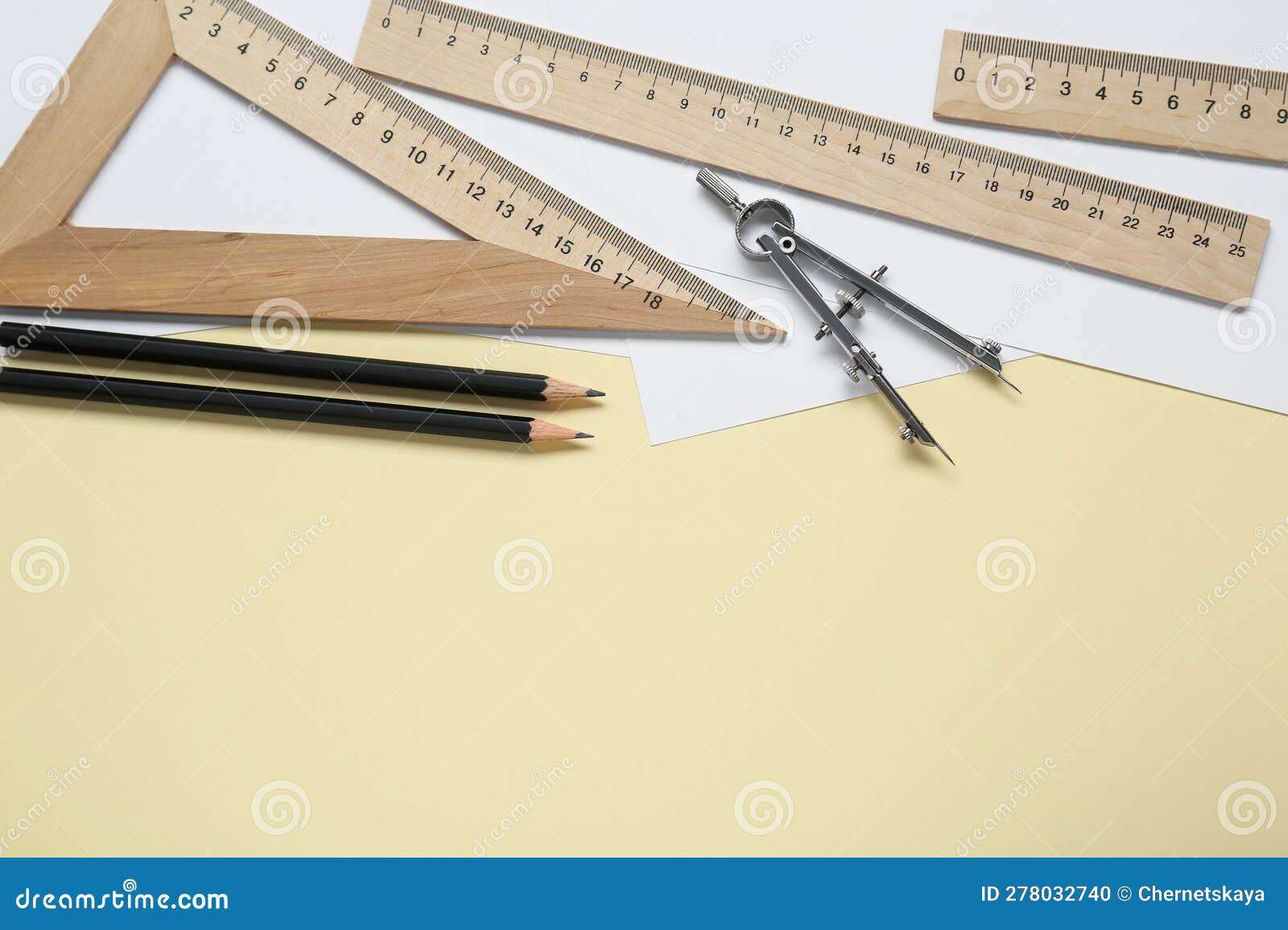 Different Rulers, Pencils and Compass on Yellow Background, Flat Lay ...