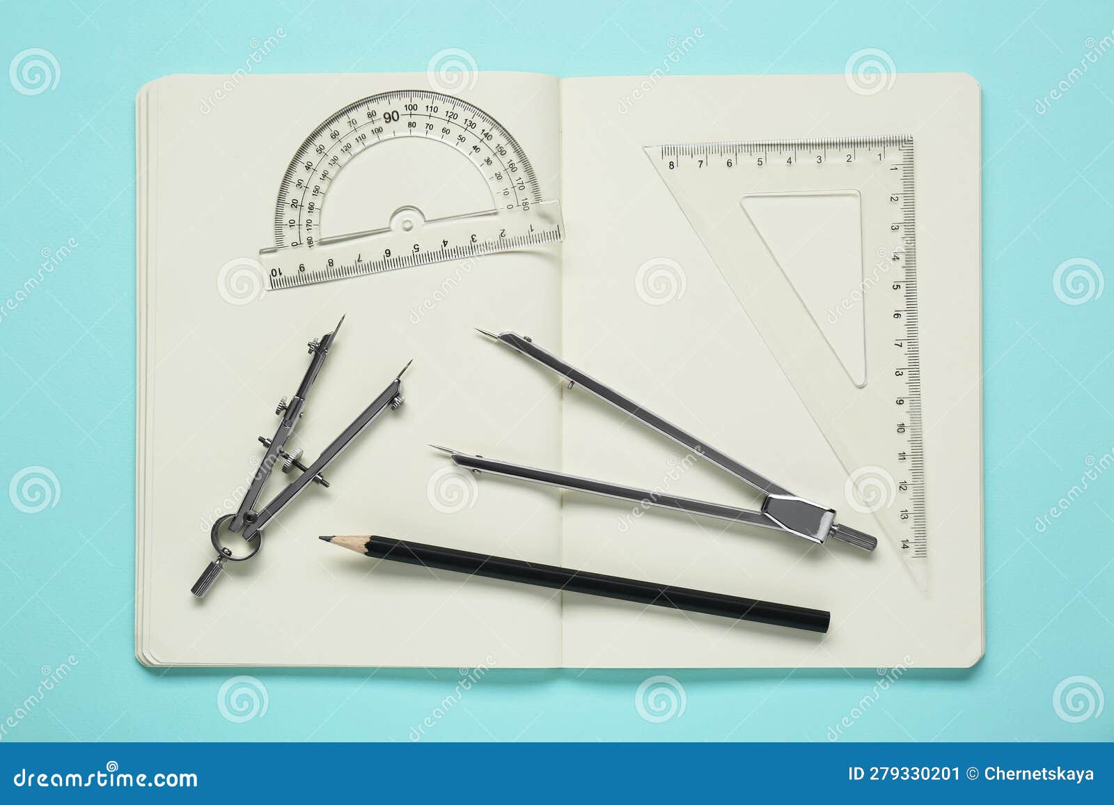 Different Rulers, Pencils, Compasses and Notebook on Turquoise ...
