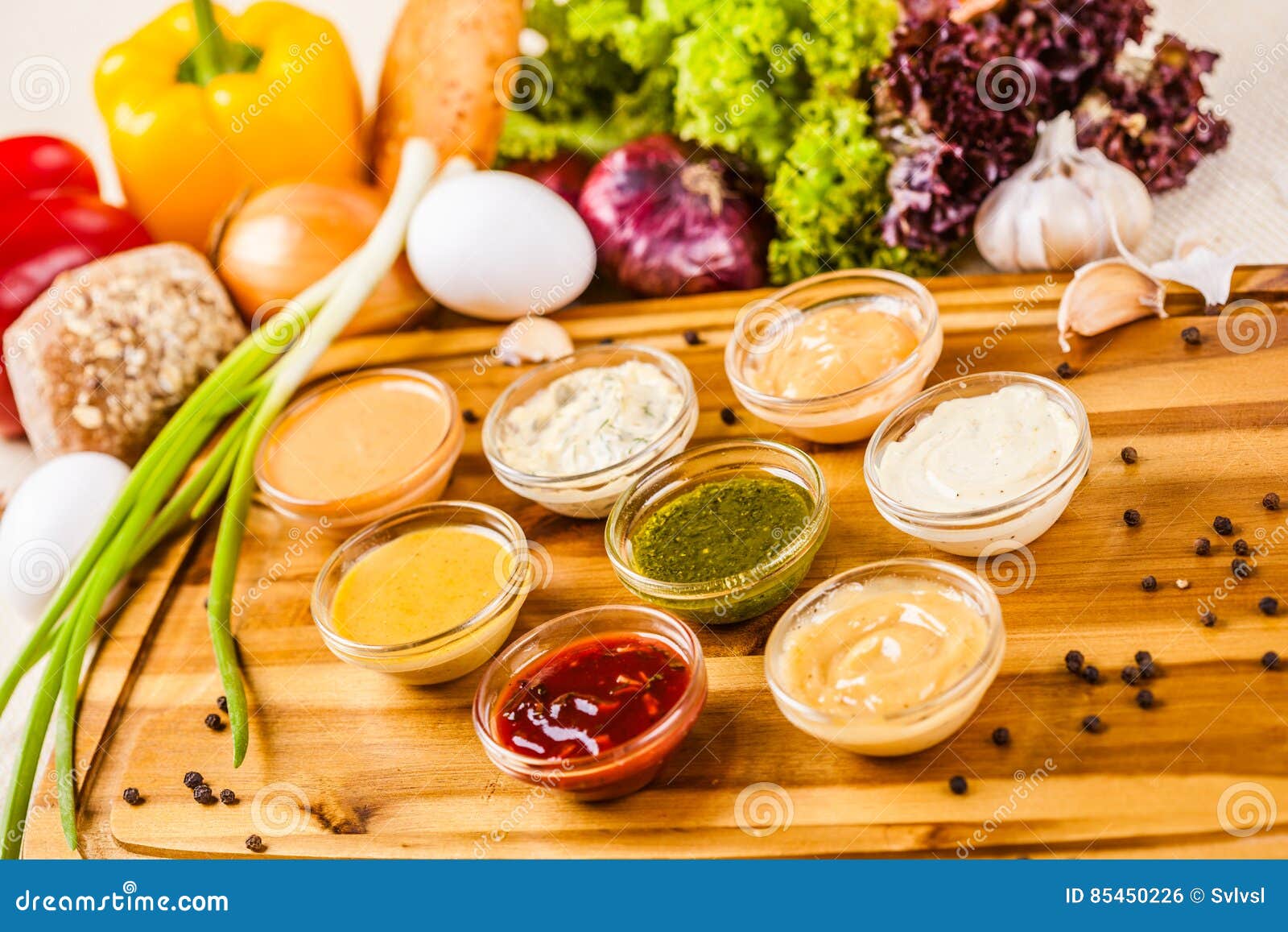 Sauces Assortment. Set Of Various Sauces In Bowls With Ketchup ...