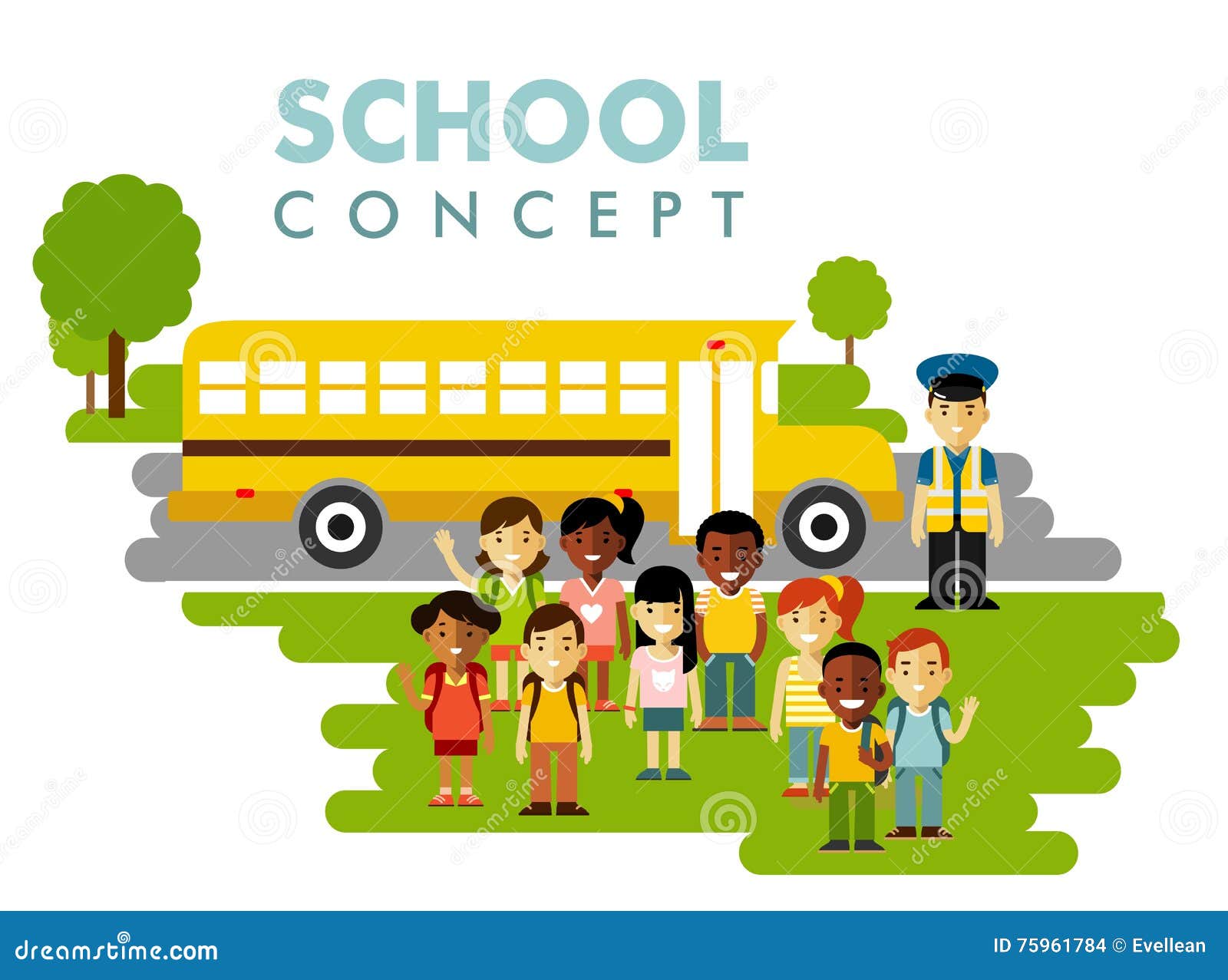 Different School Children and Bus Concept in Flat Style Stock Vector ...