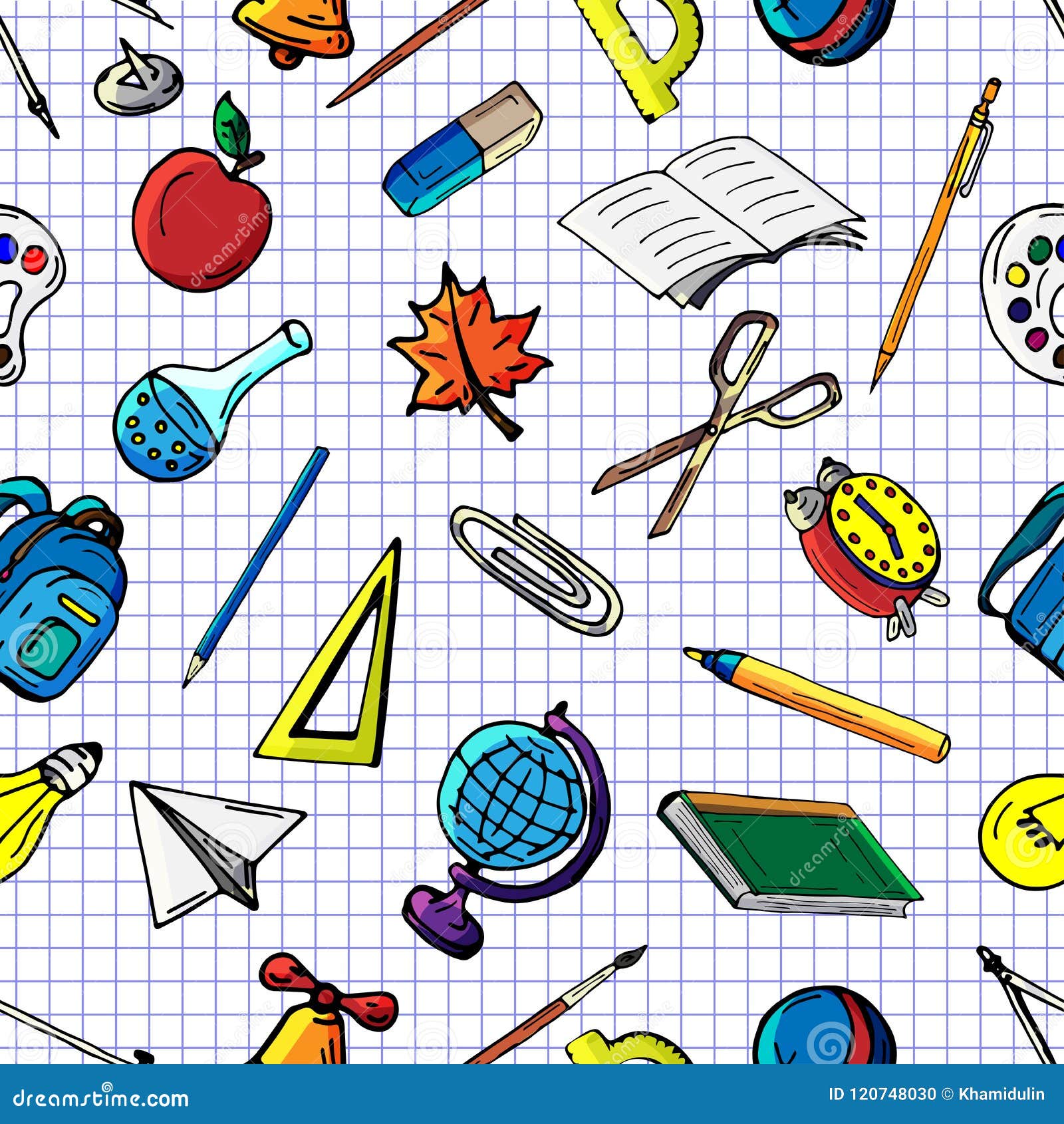 Vector Seamless Pattern Retro Drawing of Different School Objects ...
