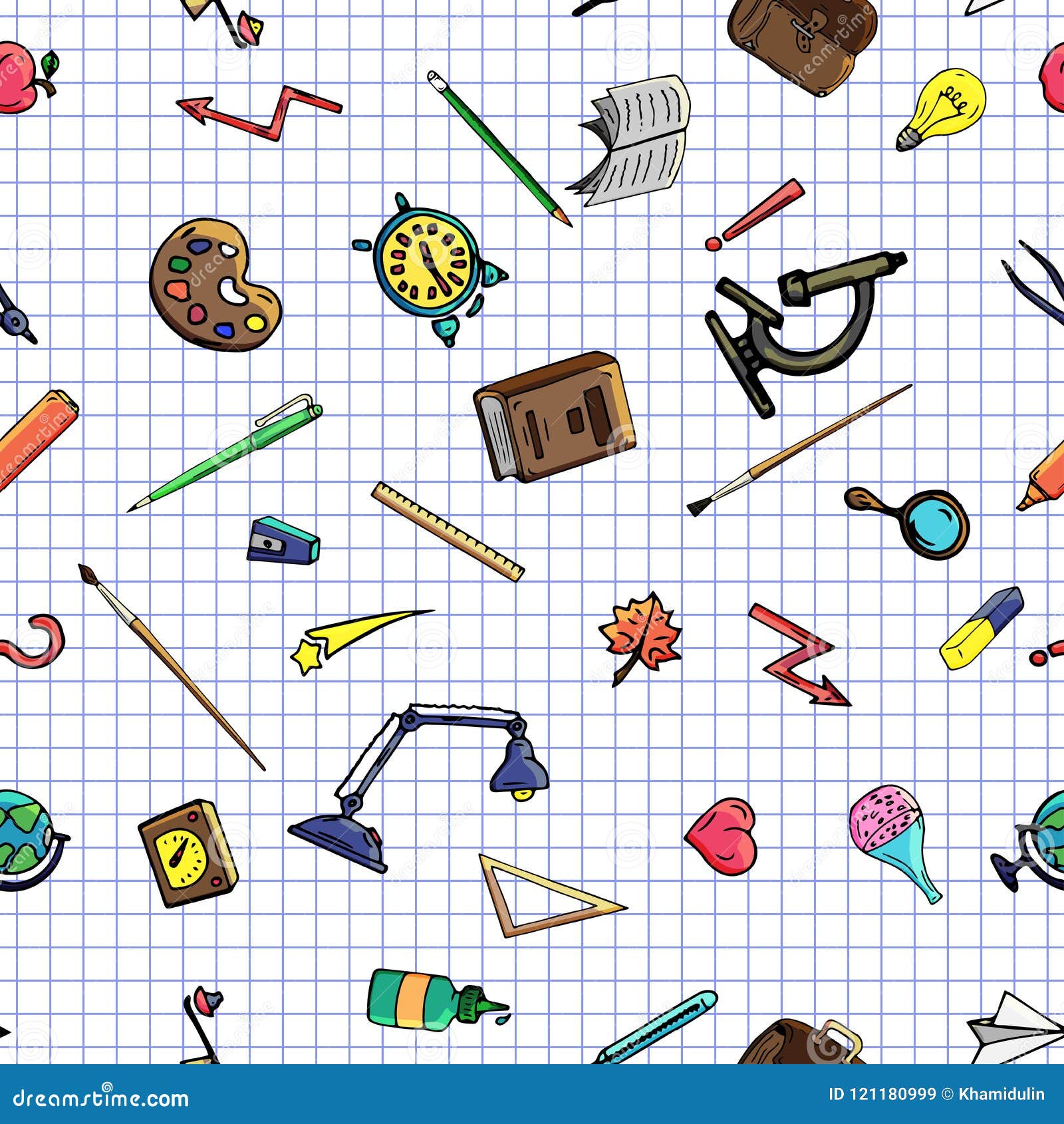Vector Seamless Pattern Retro Drawing of Different School Objects ...
