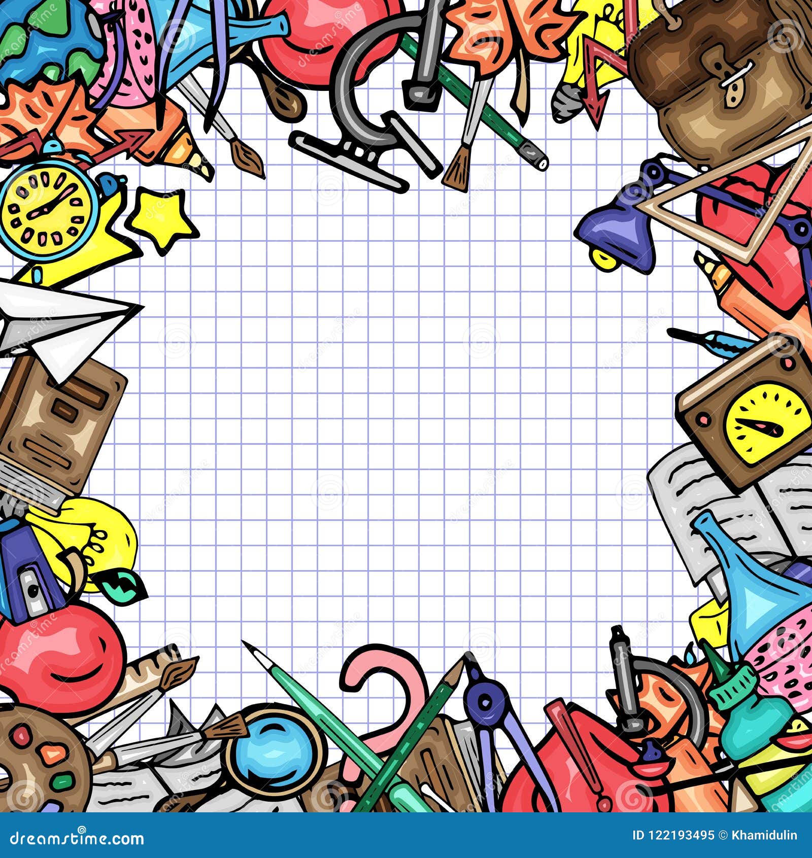 Vector Pattern Retro Drawing of Different School Objects. Theme Back To ...