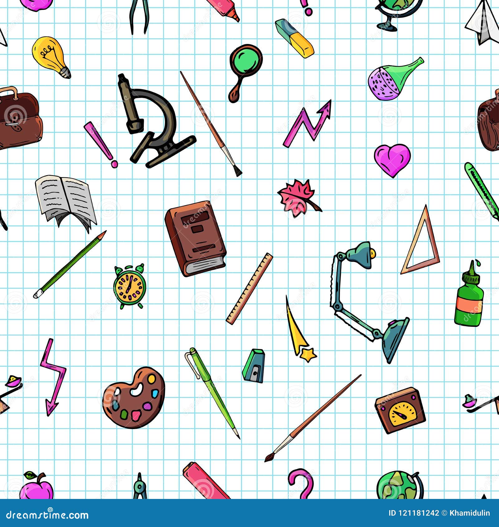 Vector Seamless Pattern Retro Drawing of Different School Objects ...