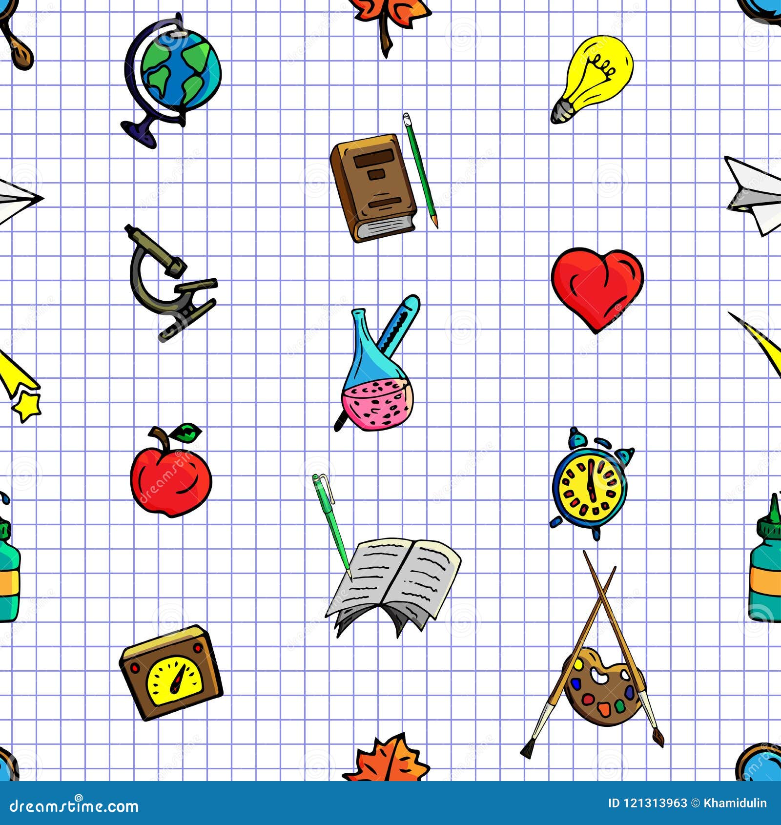 Vector Seamless Pattern Retro Drawing of Different School Objects ...