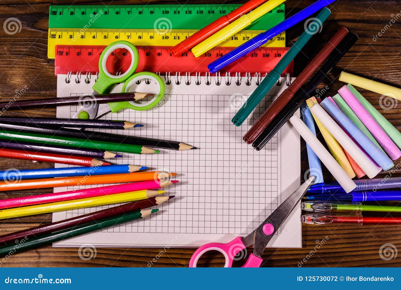 Different School Stationeries on a Dark Wooden Table. Top View Stock ...